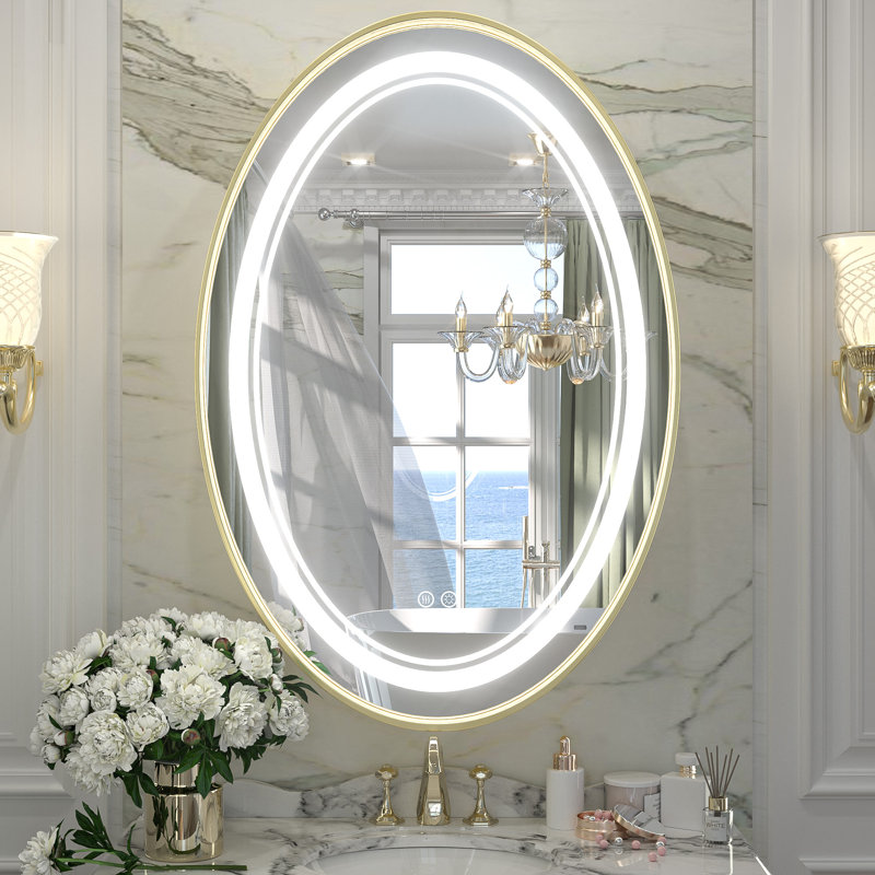 Orren Ellis Vinia Oval LED Lighted Bathroom Vanity Mirror Dimmable and ...