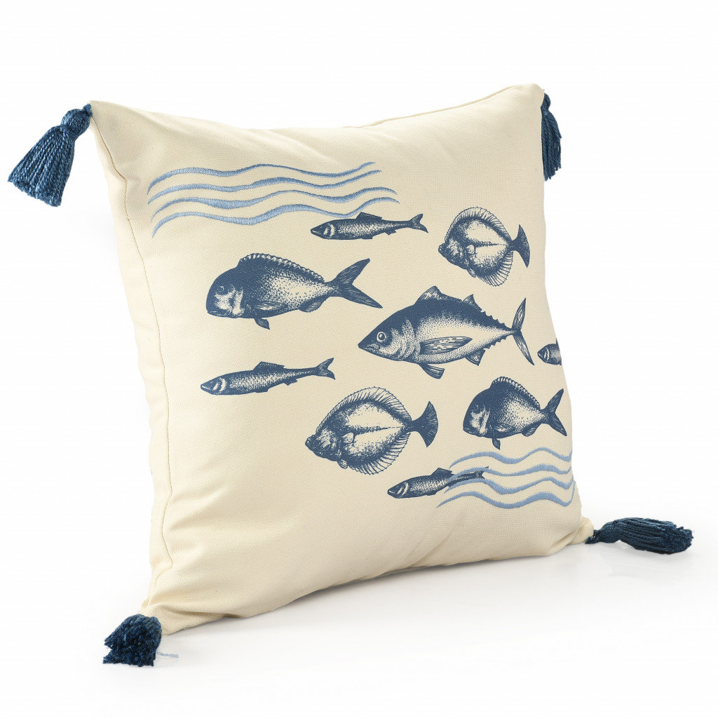 Rajani Home 20" Blue and Beige Fish Throw Pillow | Wayfair