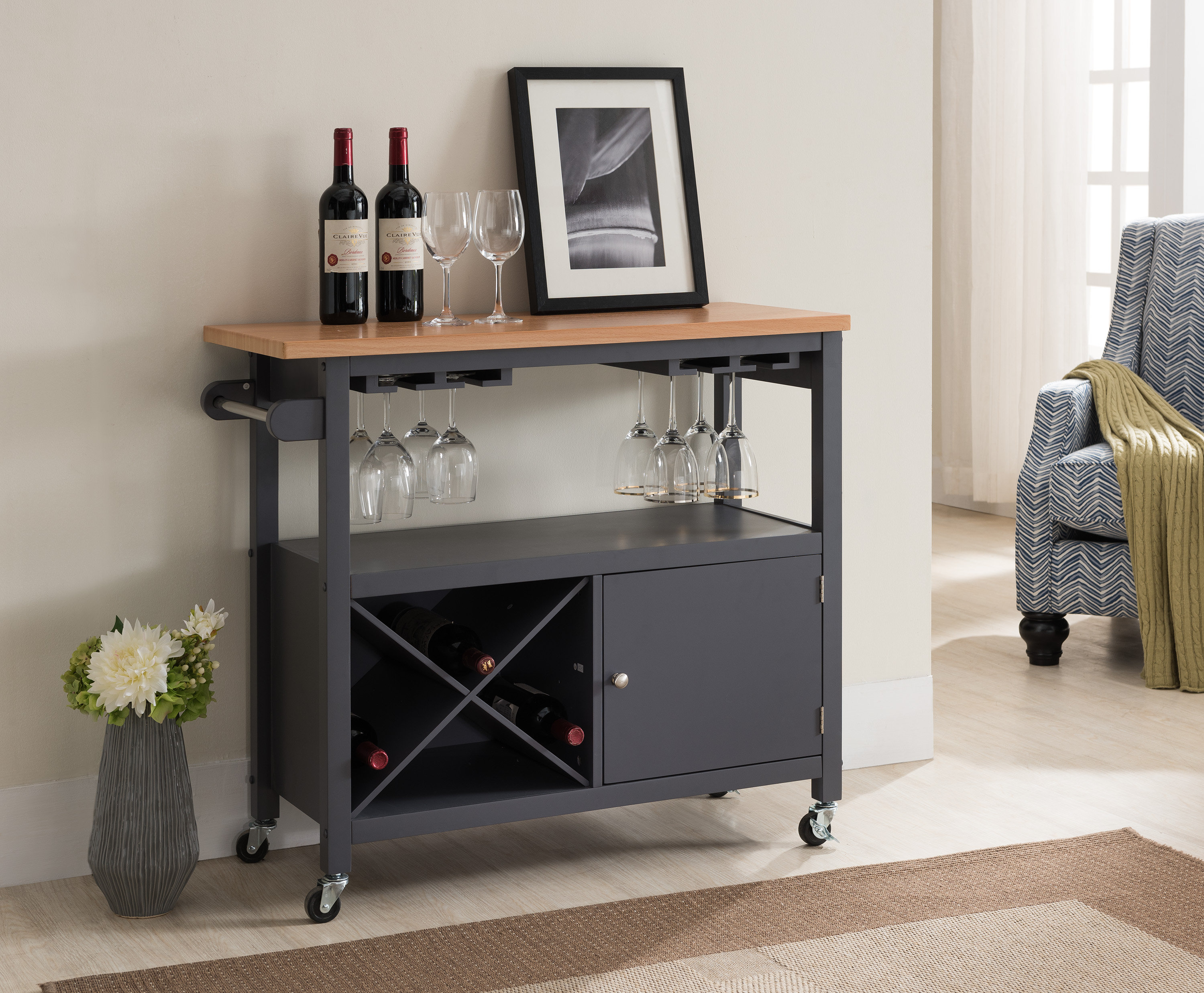 Charlton Home® Spiegel Wood Kitchen Storage Serving Cart With Wine Rack ...