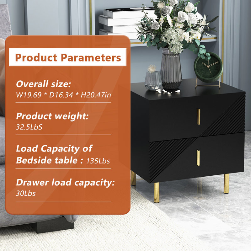 Mercer41 Peless 20 “W Black Night Table With Drawers, 2 Drawer Bedside ...