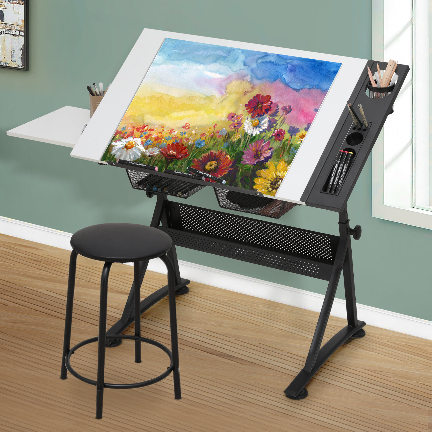 Bring Home Furniture Draft Desk Drawing Table with Stool Set, Height ...