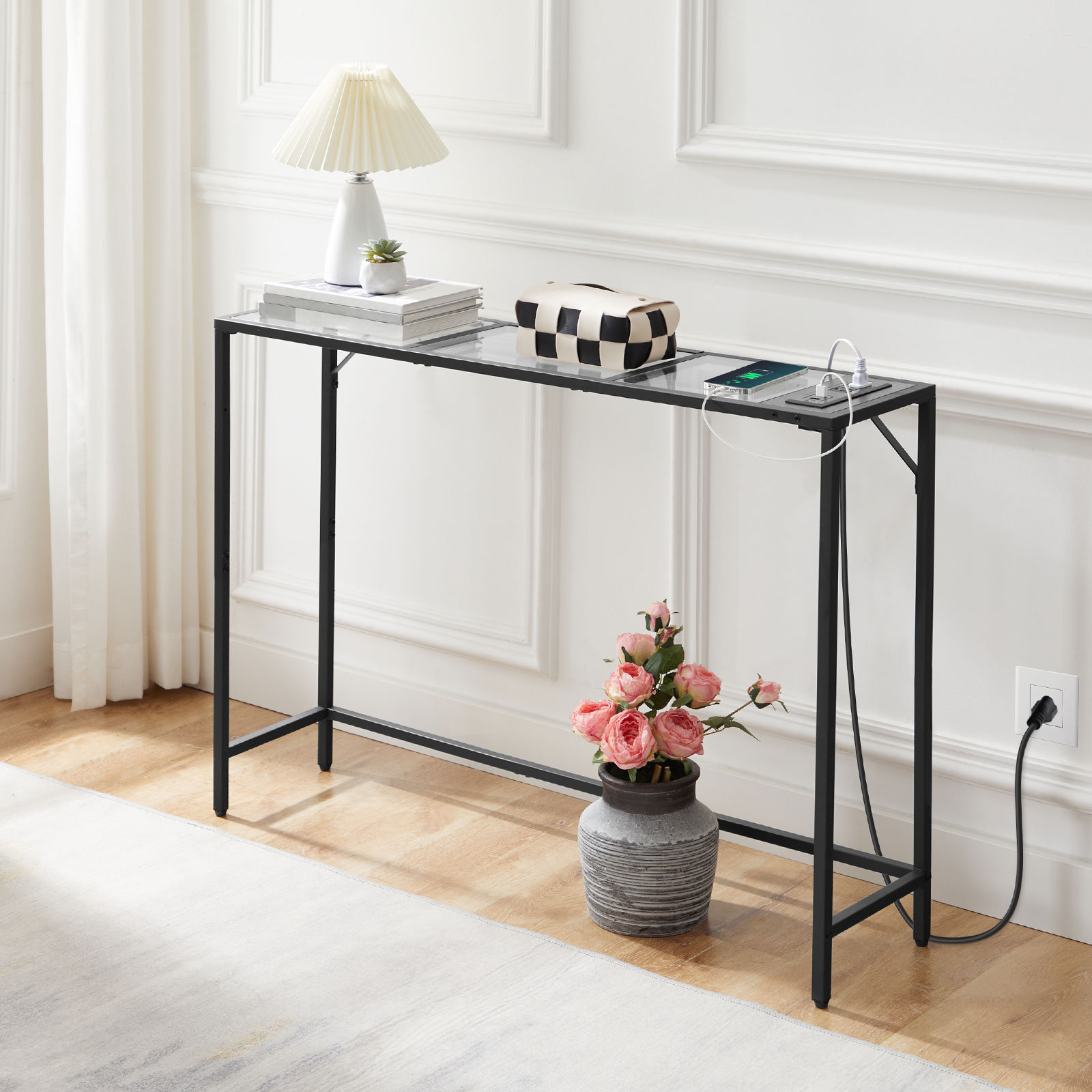 17 Stories Seliana 40.2" Tempered Glass Console Table with Power Outlet ...