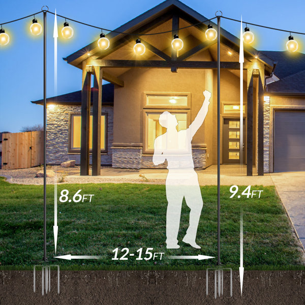 WaLensee 9.4FT String Light Poles with Hook Outdoor Metal Lighting Pole ...