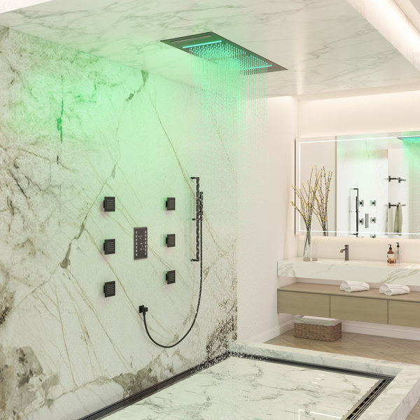 CASAINC 35”L x 12”W Flush-Mount LED Bluetooth Music Rainfall Shower ...