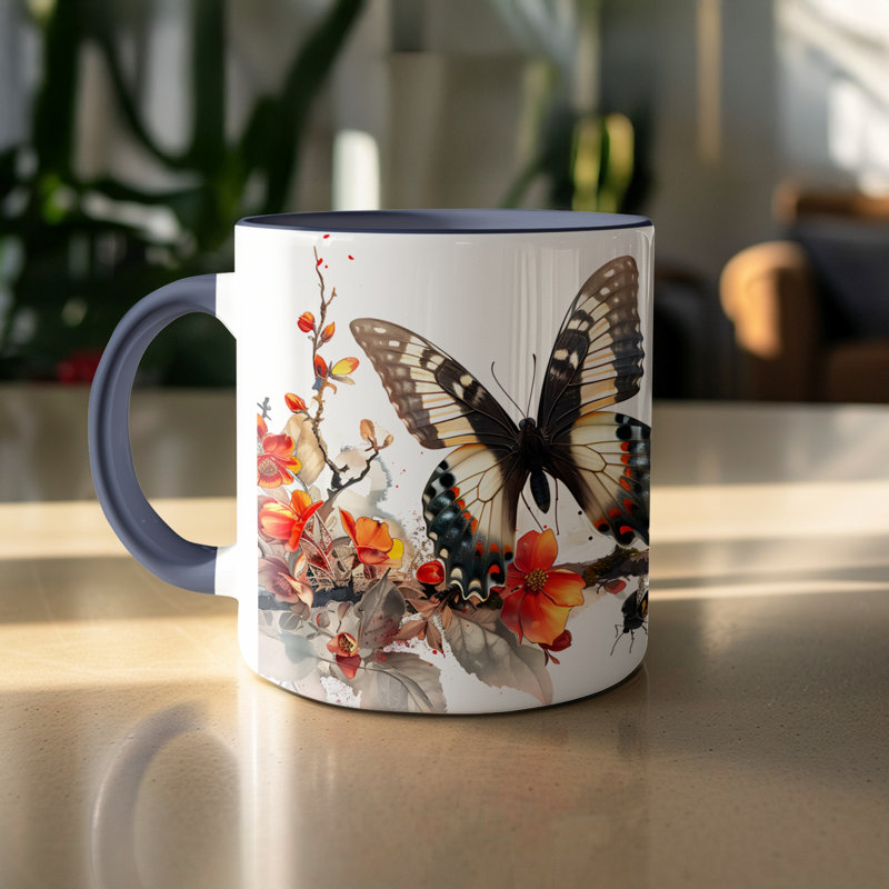 East Urban Home Butterfly Design 11oz Accent Mug – White Ceramic Coffee ...