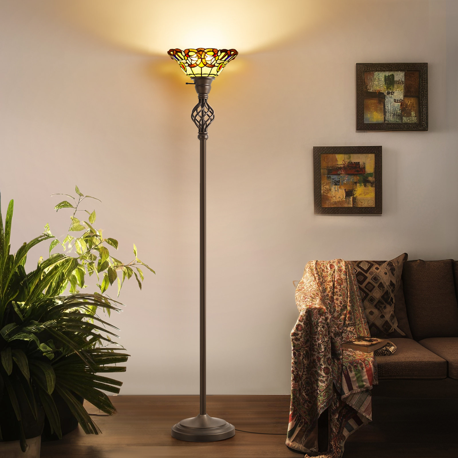 Astoria Grand 71'' Floor Lamp Torchiere Floor Lamp with Stained Glass ...