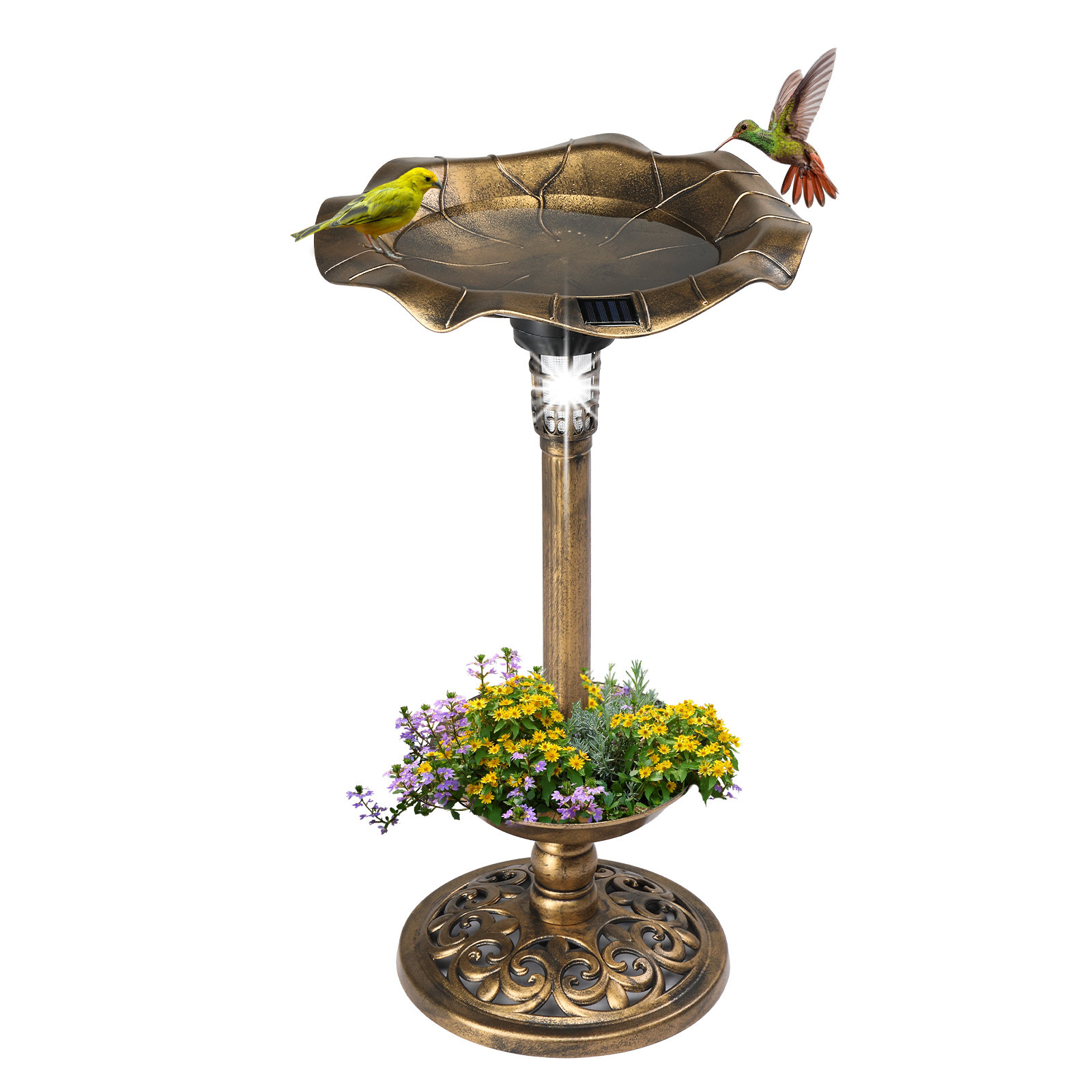 Fleur De Lis Living Outdoor Green Solar Lighted Pedestal Bird Bath ...