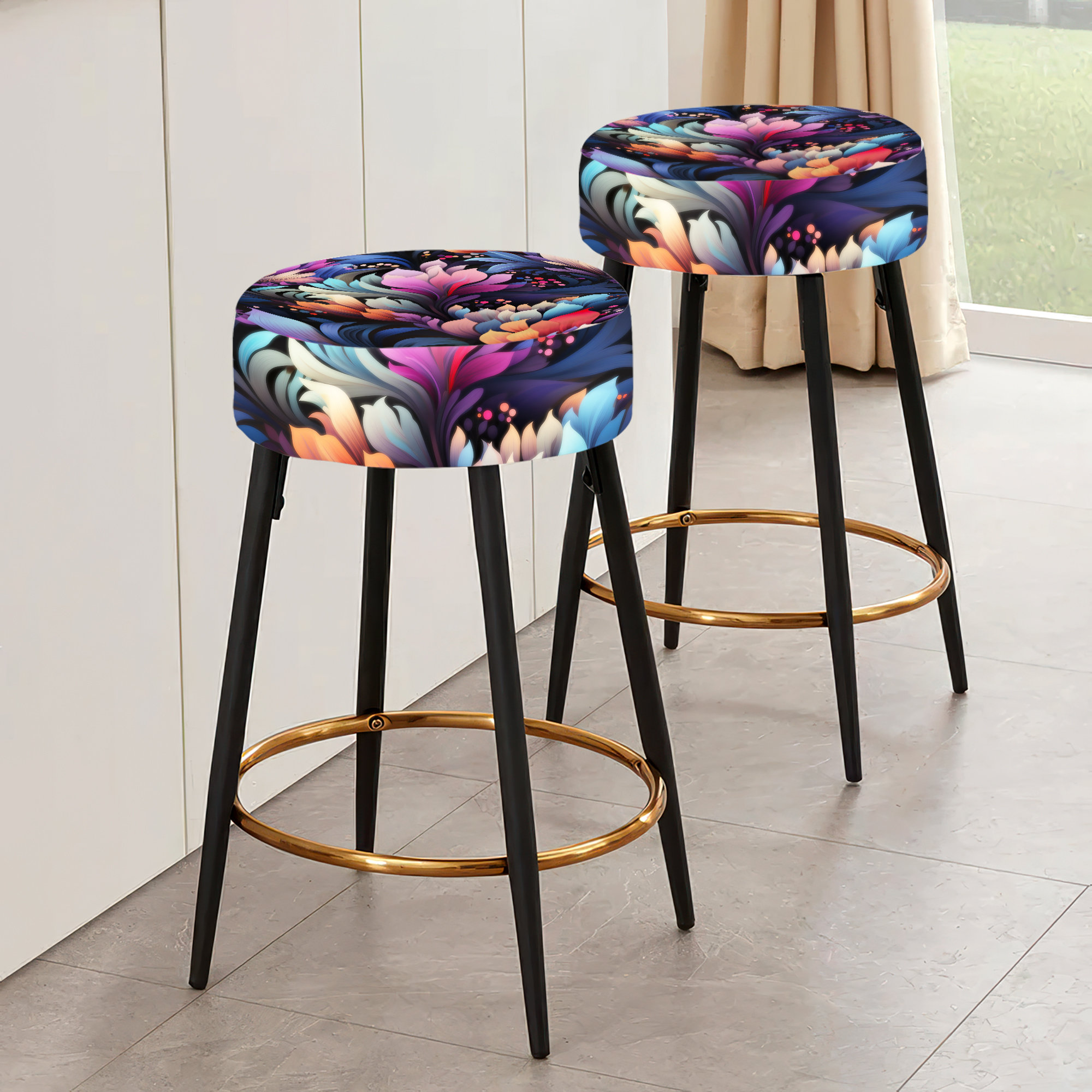 Design Art Multicolor Futurist Damask Nexus - Floral Bar Stools Set Of ...