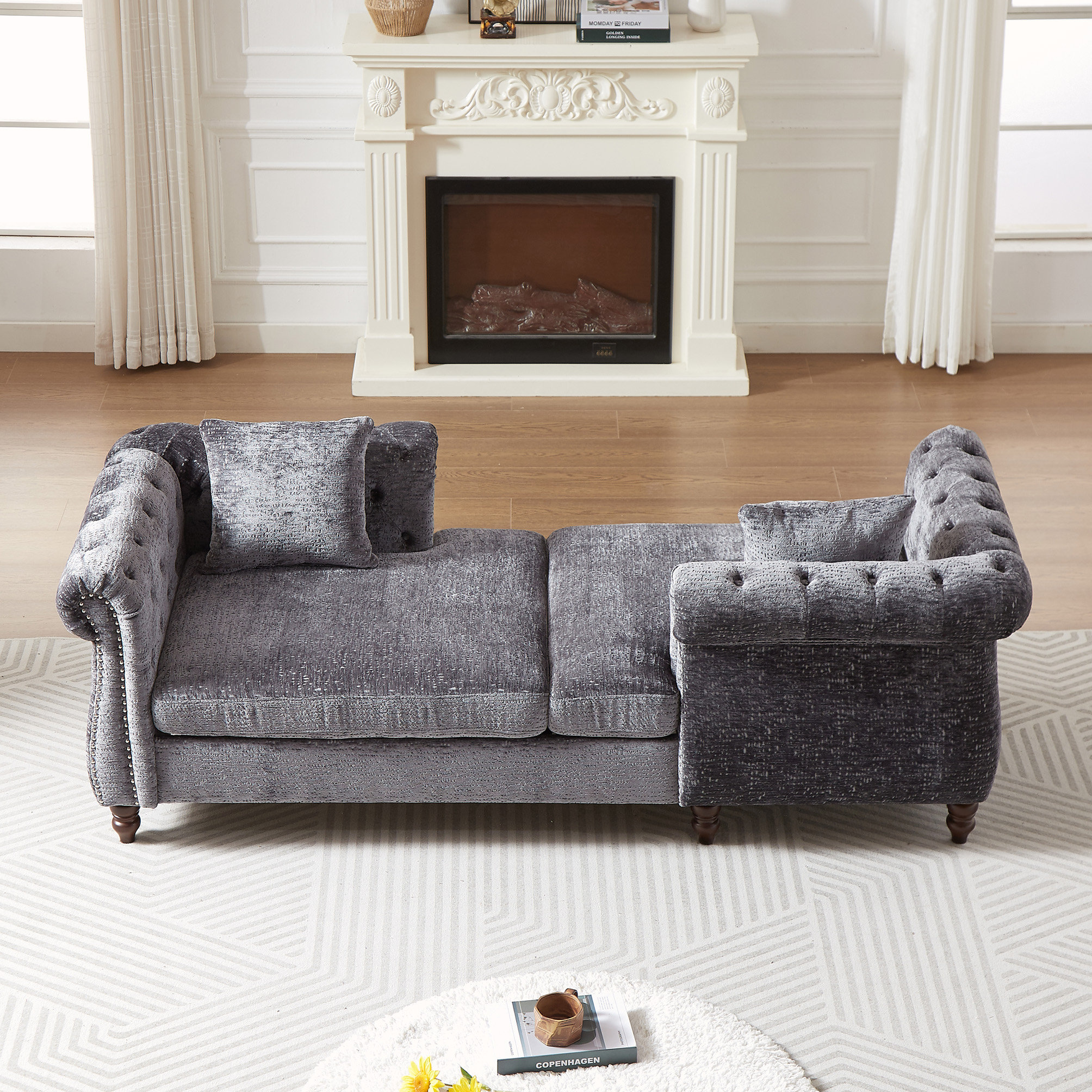 NFusion Zeke 81" Indoor Chenille Chaise Lounge with Pillows & Tufted ...