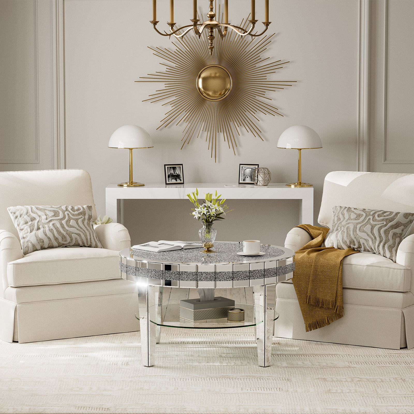 Mercer41 Round Mirrored Coffee Table 2-tier With Crushed Diamond, 31.5 ...