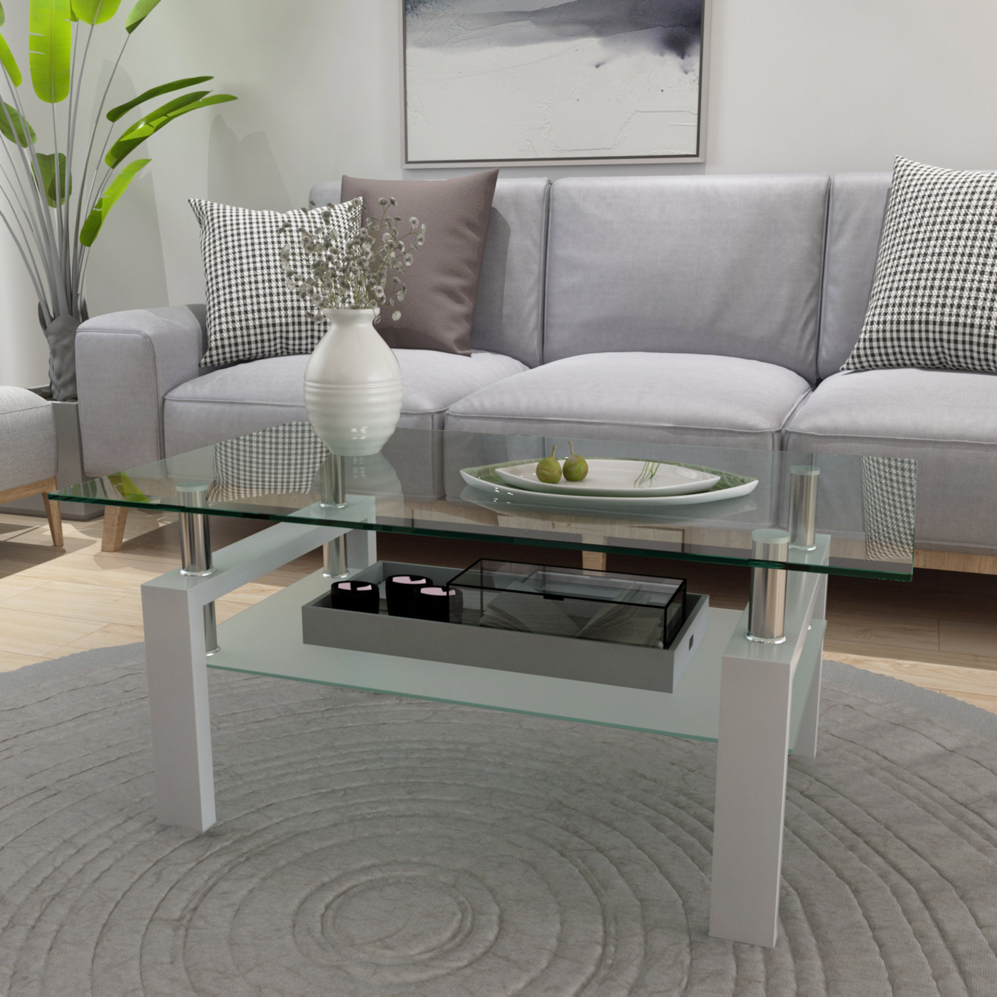 Orren Ellis Kutlay Modern 4 Legs Rectangle Glass Coffee Table, Modern ...