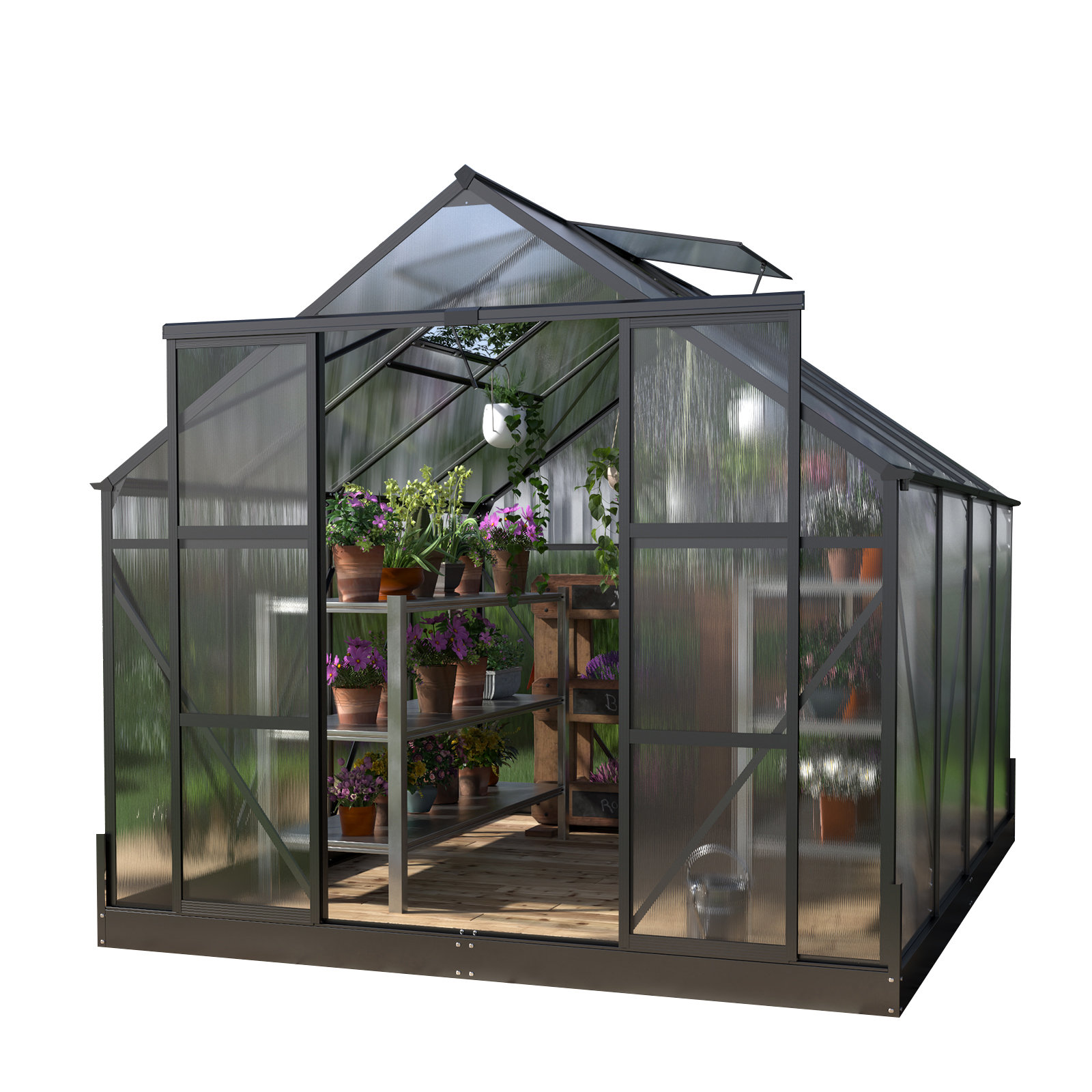 AMERLIFE Siza Polycarbonate Greenhouse 2 Sliding Doors 2 Vent Window ...