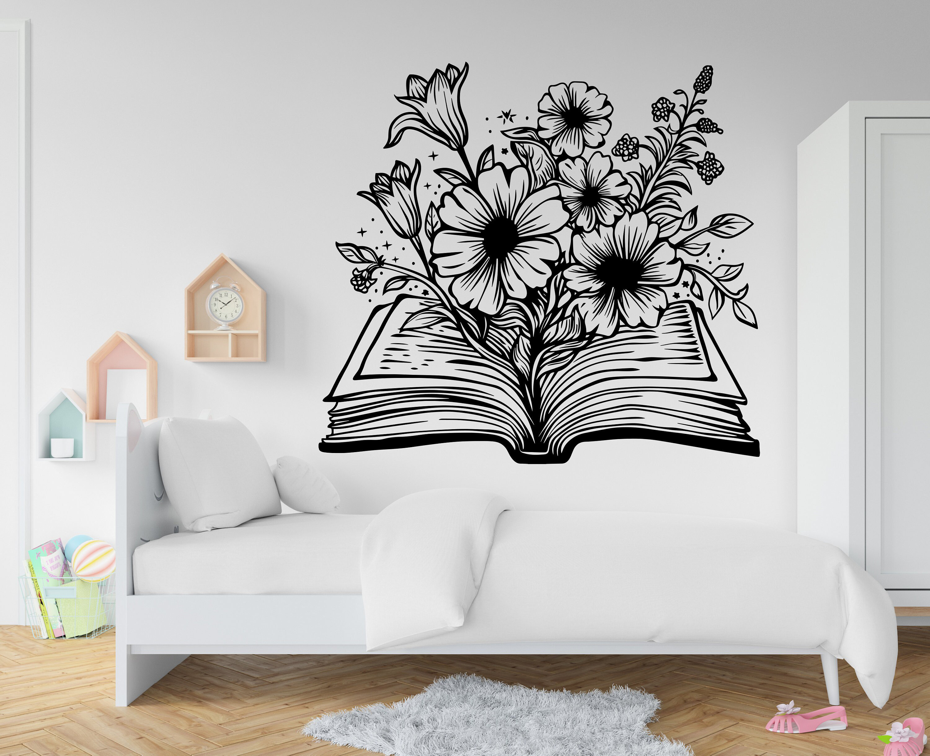 Lark Manor™ Book With Flower Vinyl Wall Art Decals, Book Shelves Decor ...