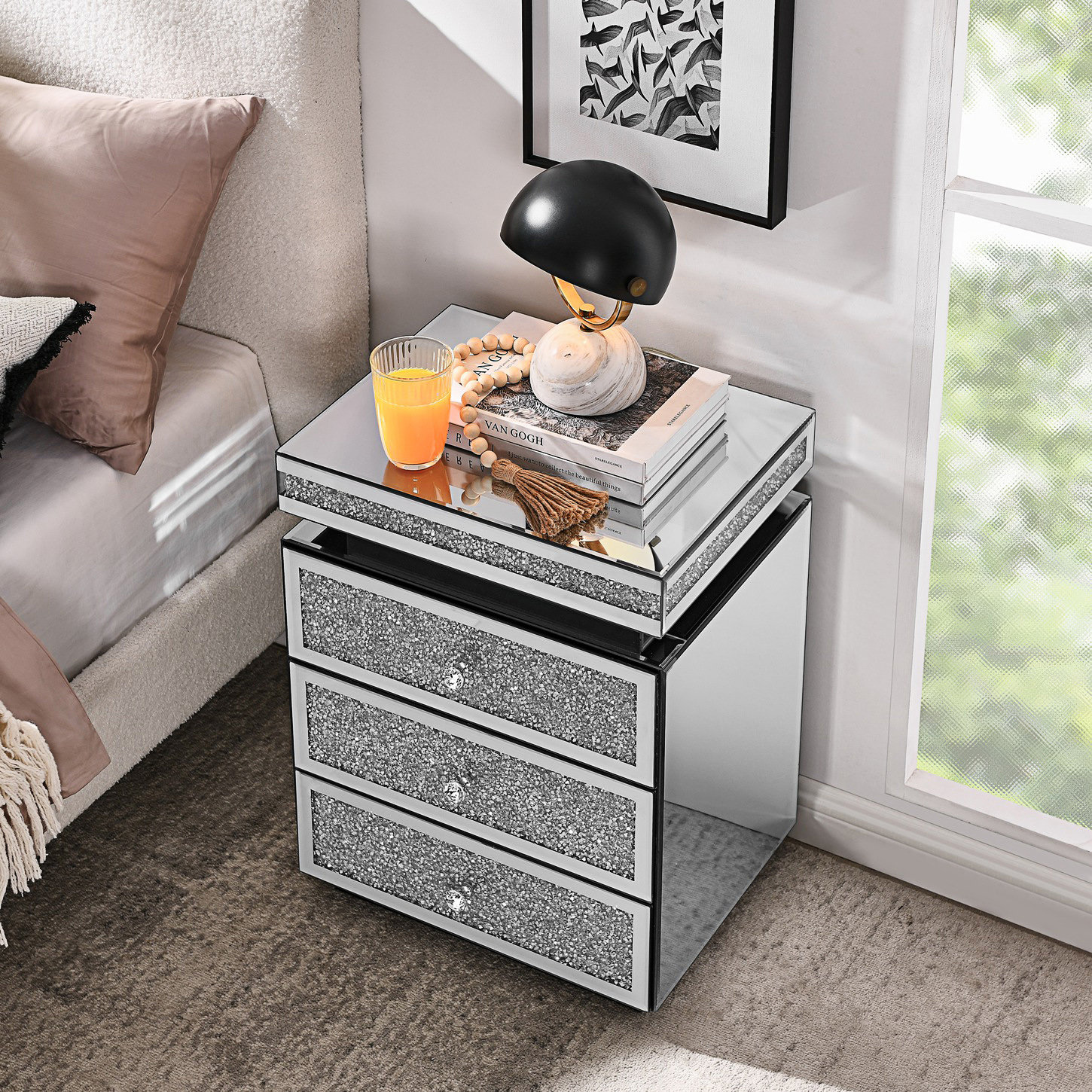 Mercer41 Mirrored Nightstand With 3 Drawers, Nightstand With Crystal ...