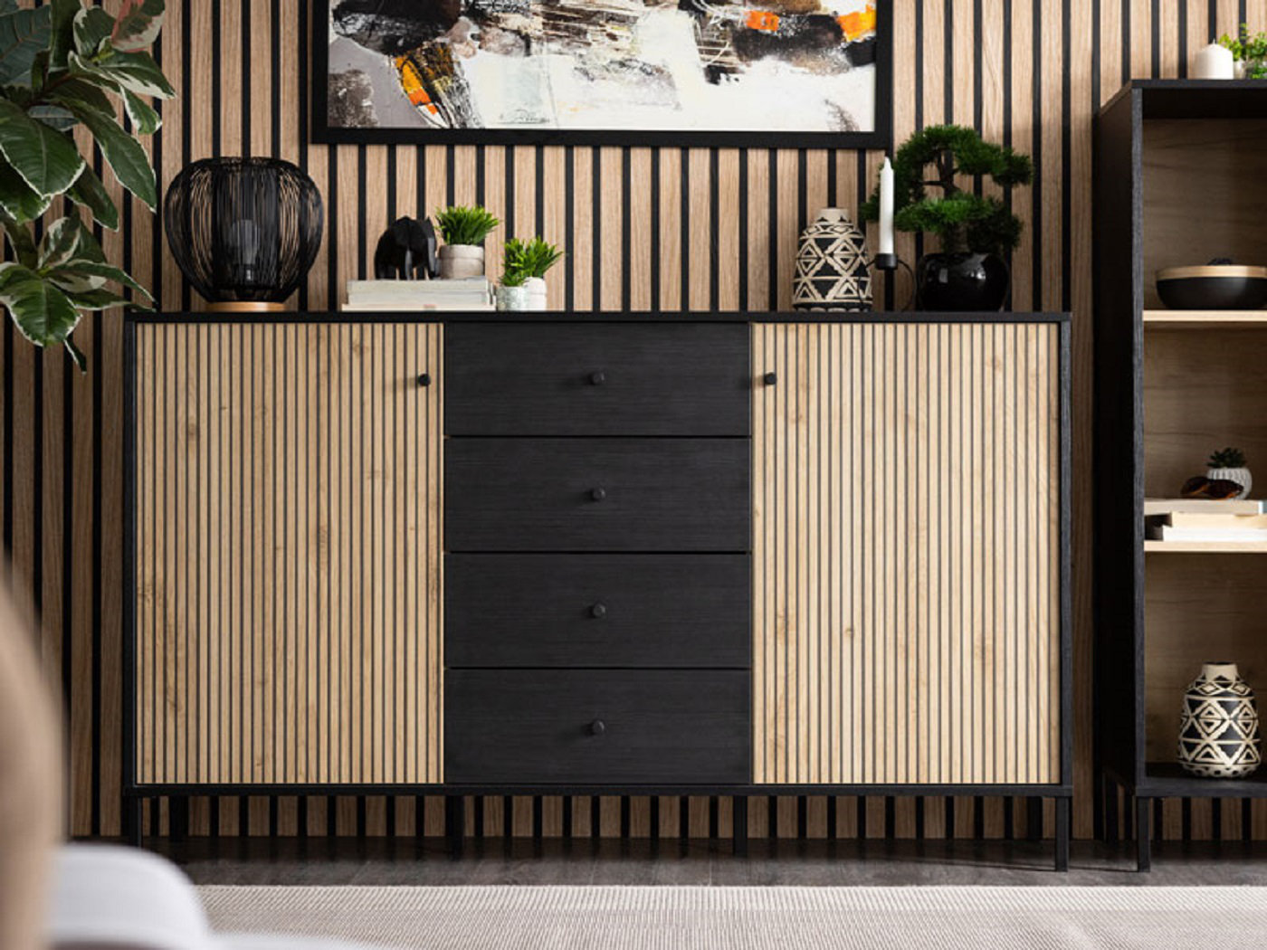 17 Stories Clifton Slatted Artisan Oak Effect And Black Sideboard ...