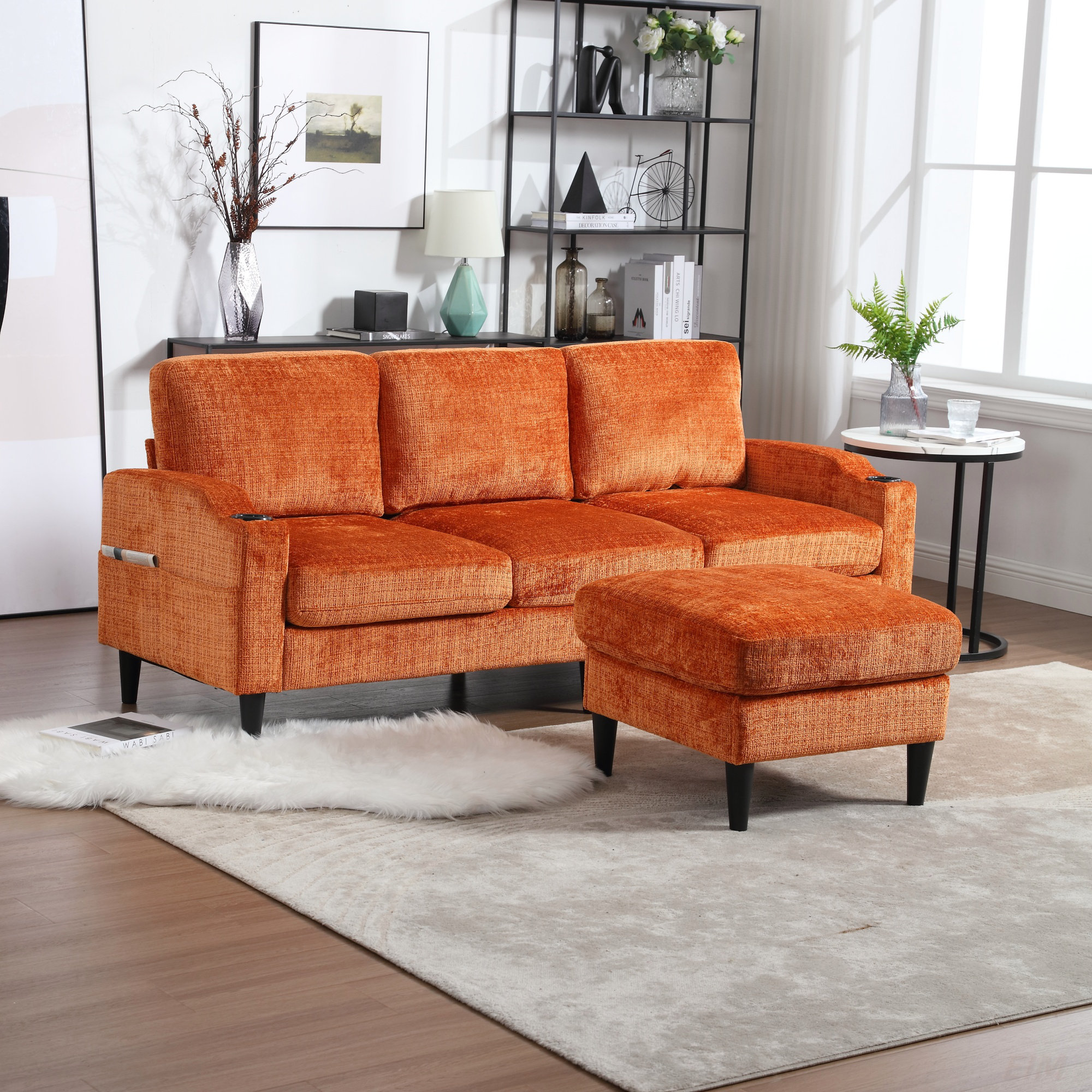 Ebern Designs Sofa For Three, Solid Wood Frame, Chenille Fabric, Side ...