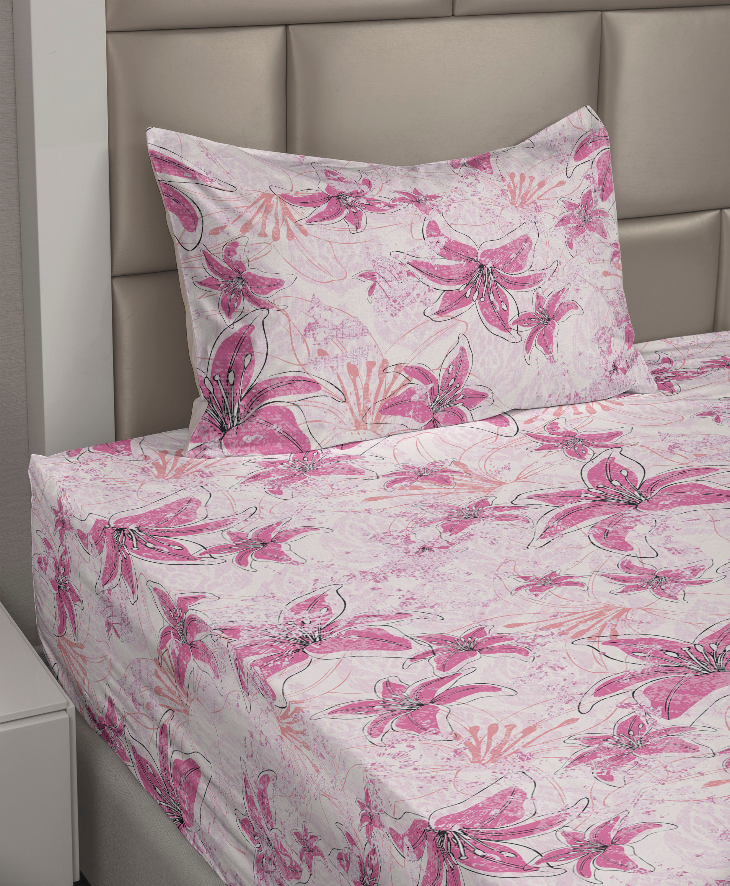 Ambesonne Floral Design Sheet Set Retro Lily Flowers Hot Pink Coral and ...