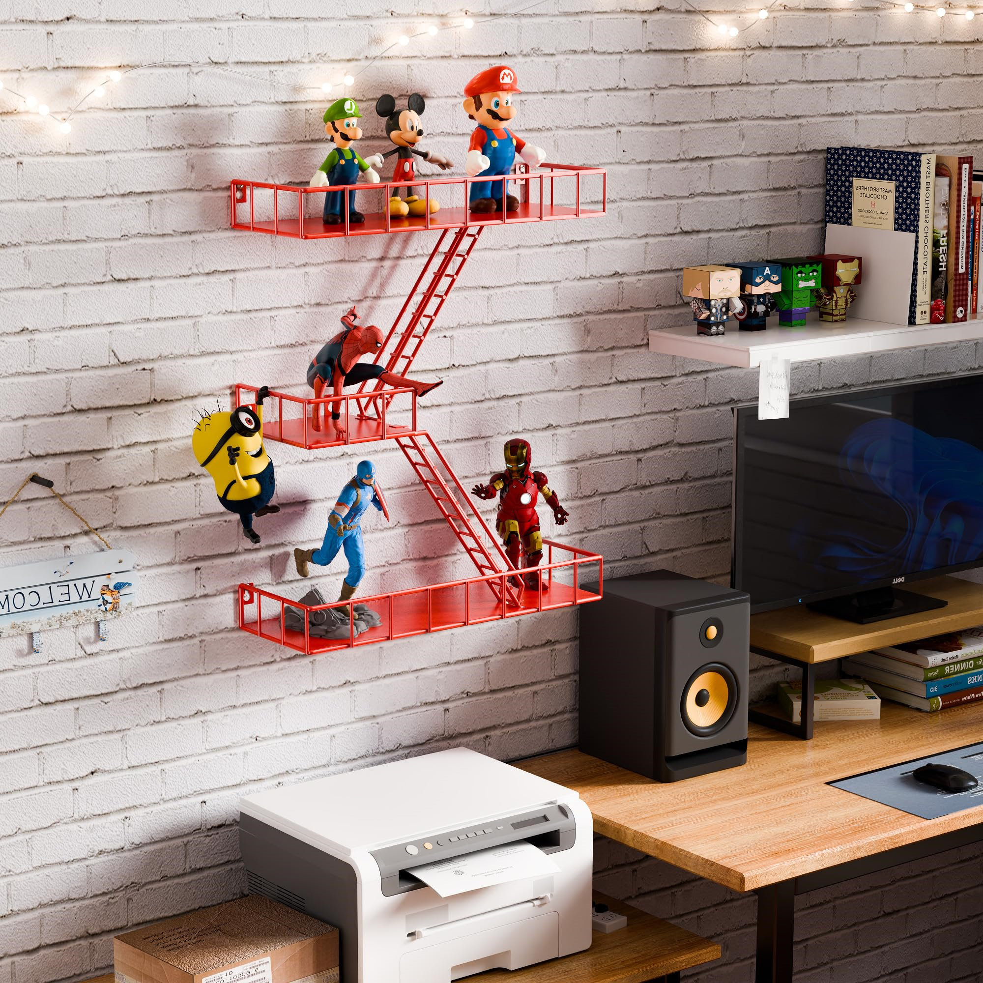 17 Stories Fire Escape Shelf 3 Tier Metal Red Wall Shelf for Bedroom ...