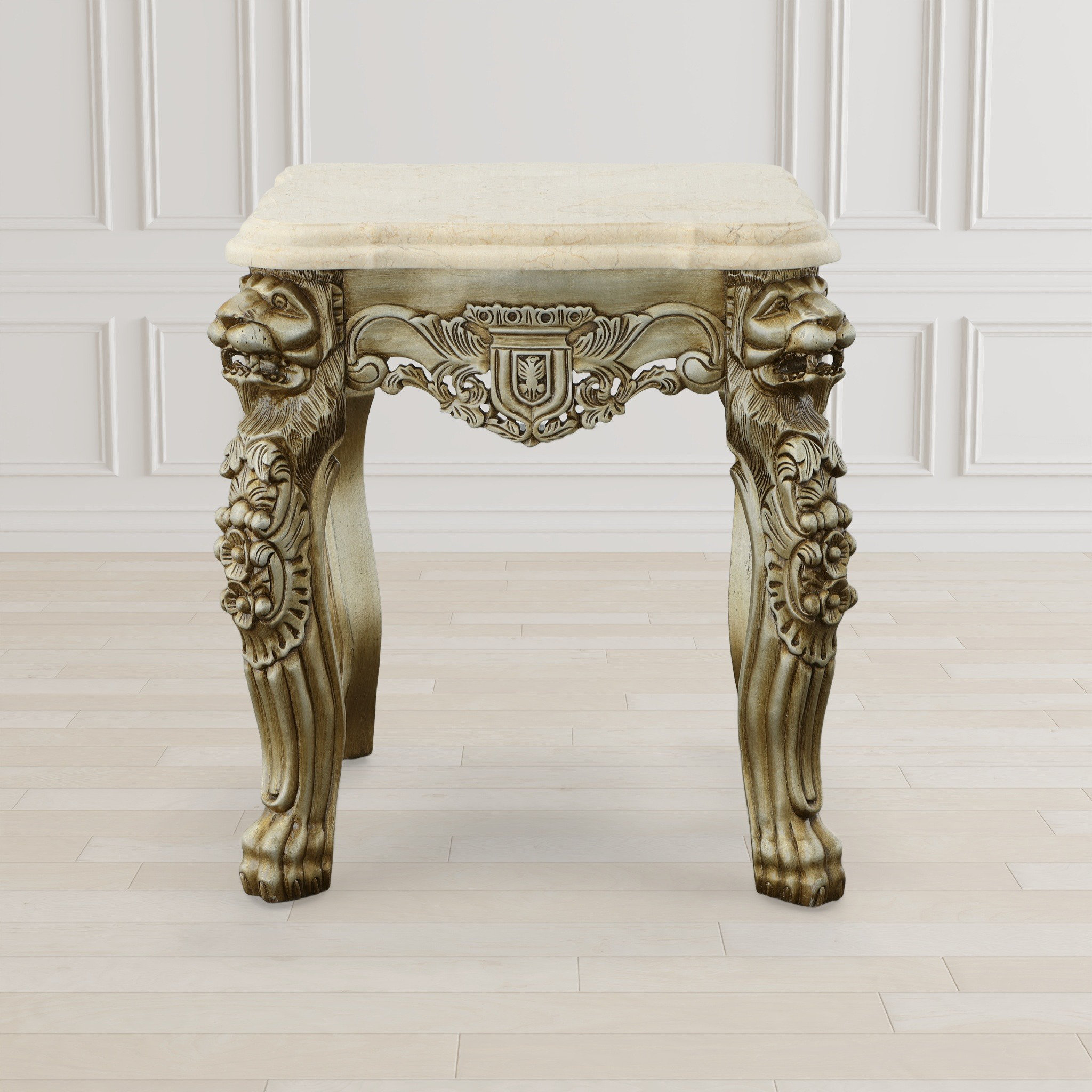 AFD Home Platine Lion Side Table Hand Carved Mahogany With Creama Marfil Marble Top 26 Inch Tall ...
