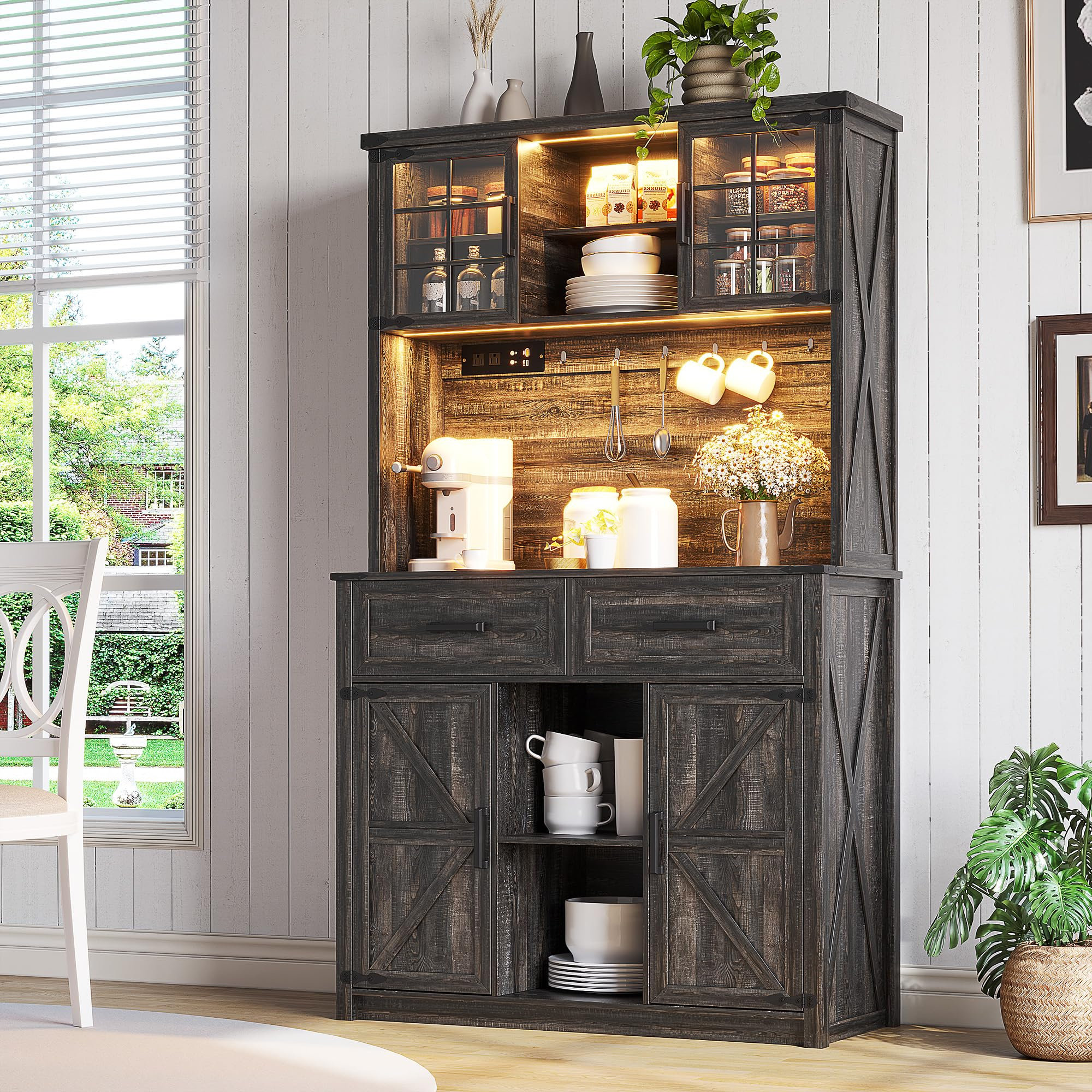 Gracie Oaks Rustic Oak Bar Cabinet With LED Lights & Power Outlets ...