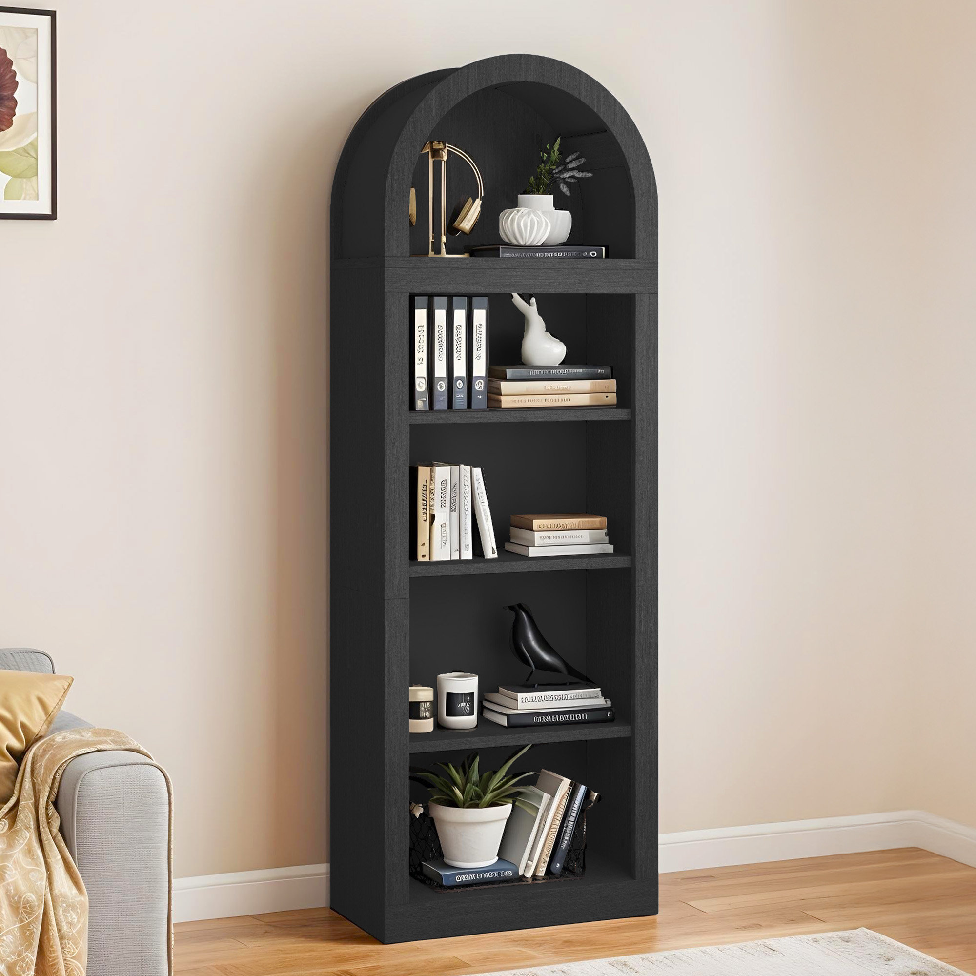 Winston Porter 68.5'' H 5-Tier Arched Wooden Bookshelf With Adjustable ...