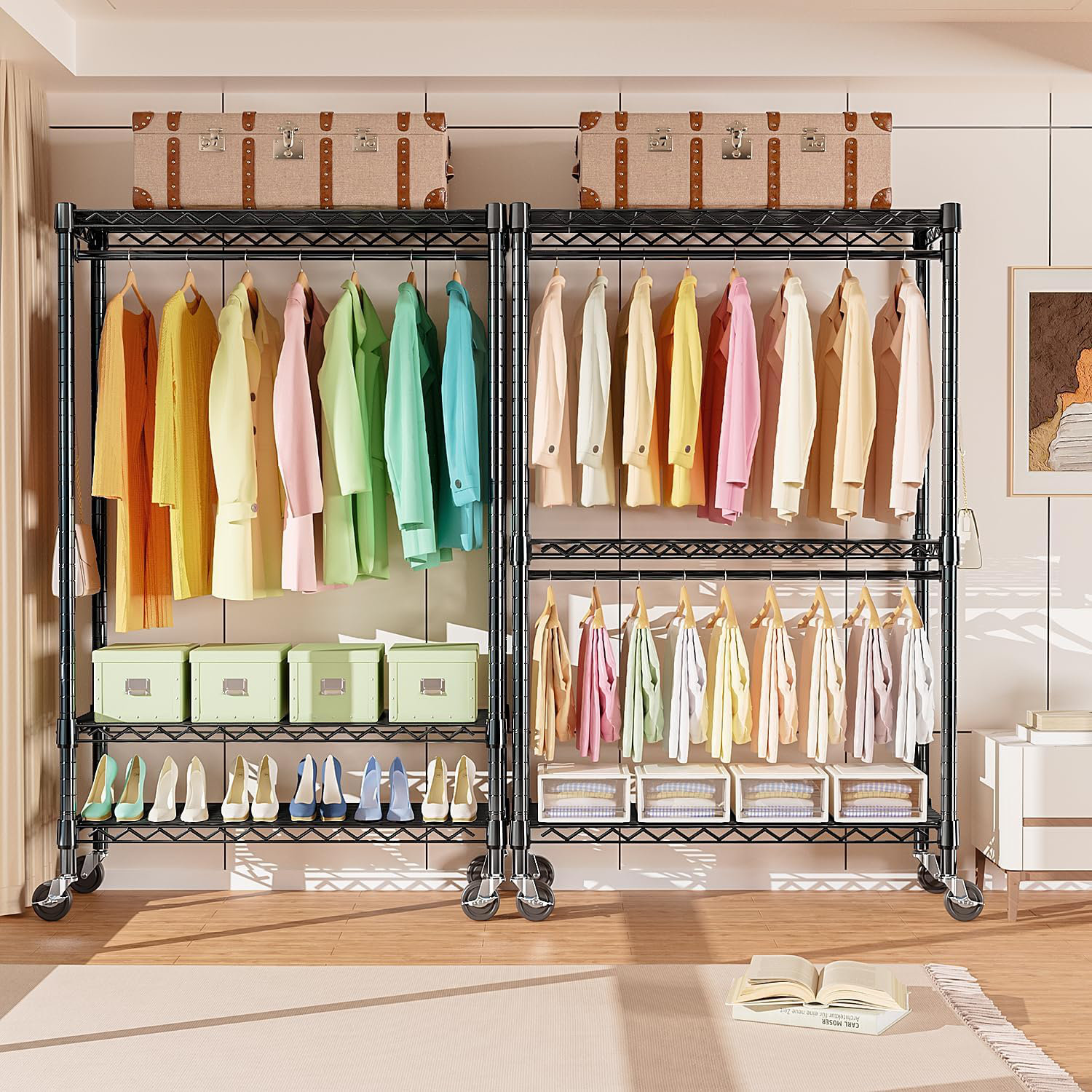 Rebrilliant 3 Tier Garment Rack With Wheels 1 Rod Rolling Clothes Rack ...