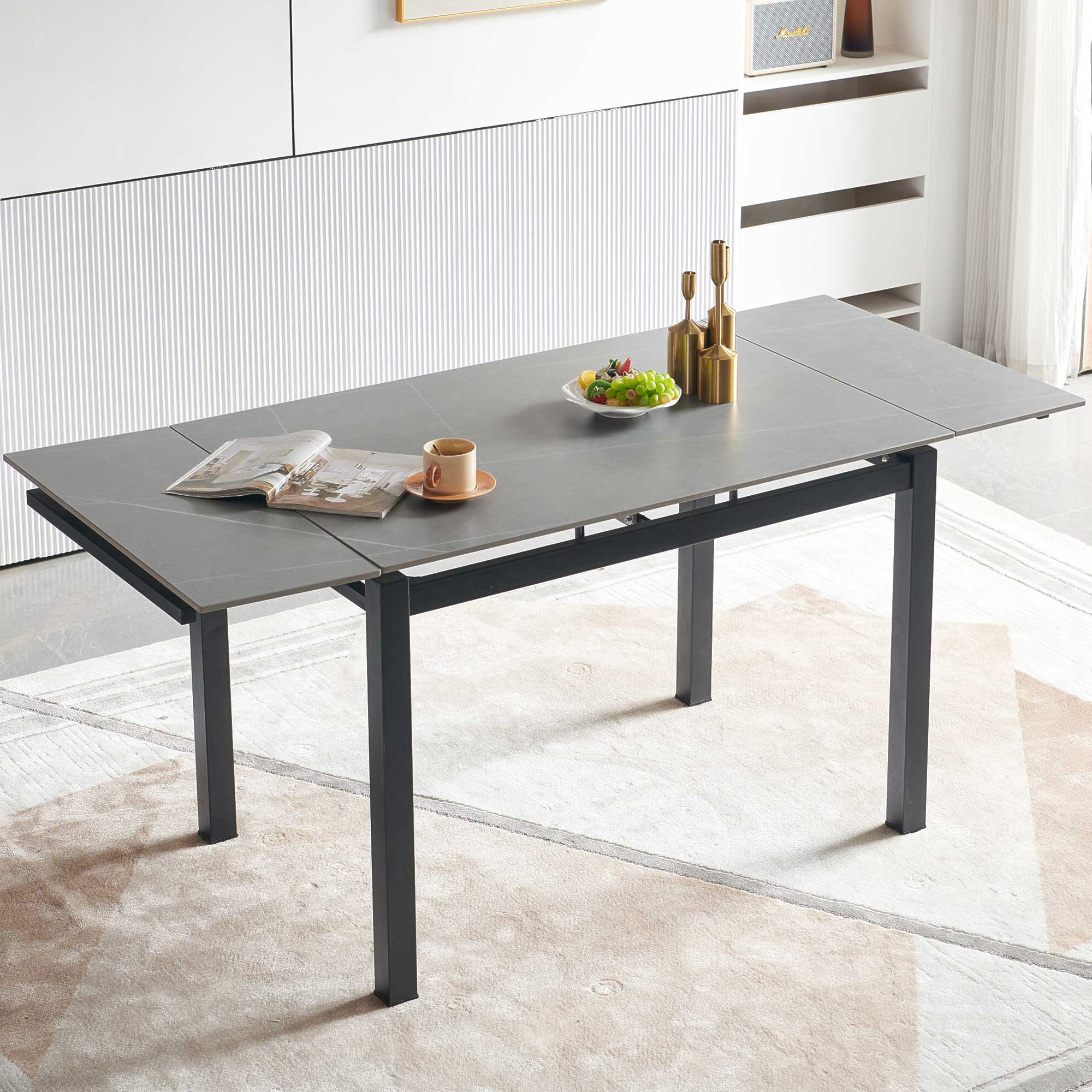 LOONGFIELD Grey Ceramic Modern Rectangular Expandable Dining Room Table ...
