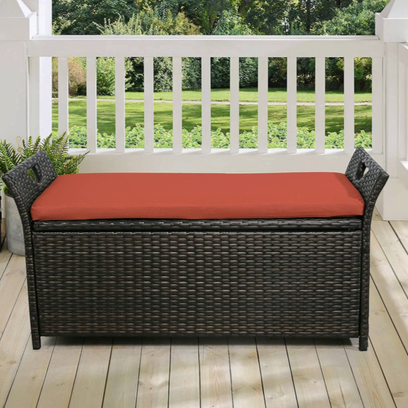 Rosecliff Heights Patio Wicker Storage Bench Outdoor Deck Storage Box ...