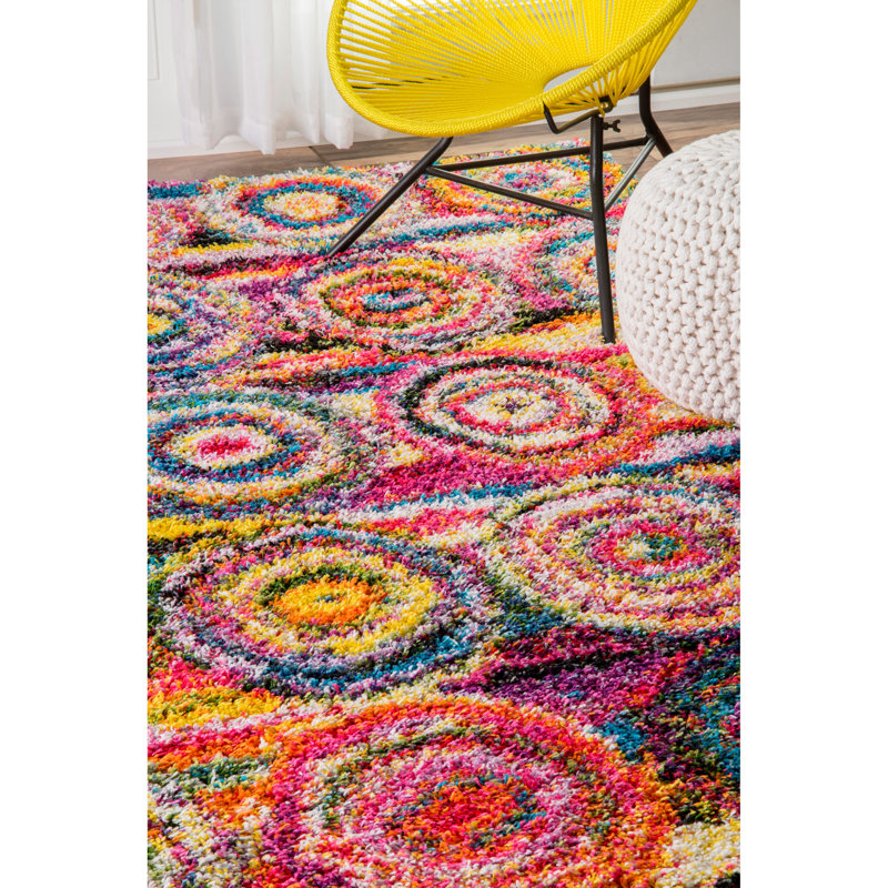 Latitude Run® Verduzco Bohemian Circles Pink/Yellow/Multi Shag Rug ...