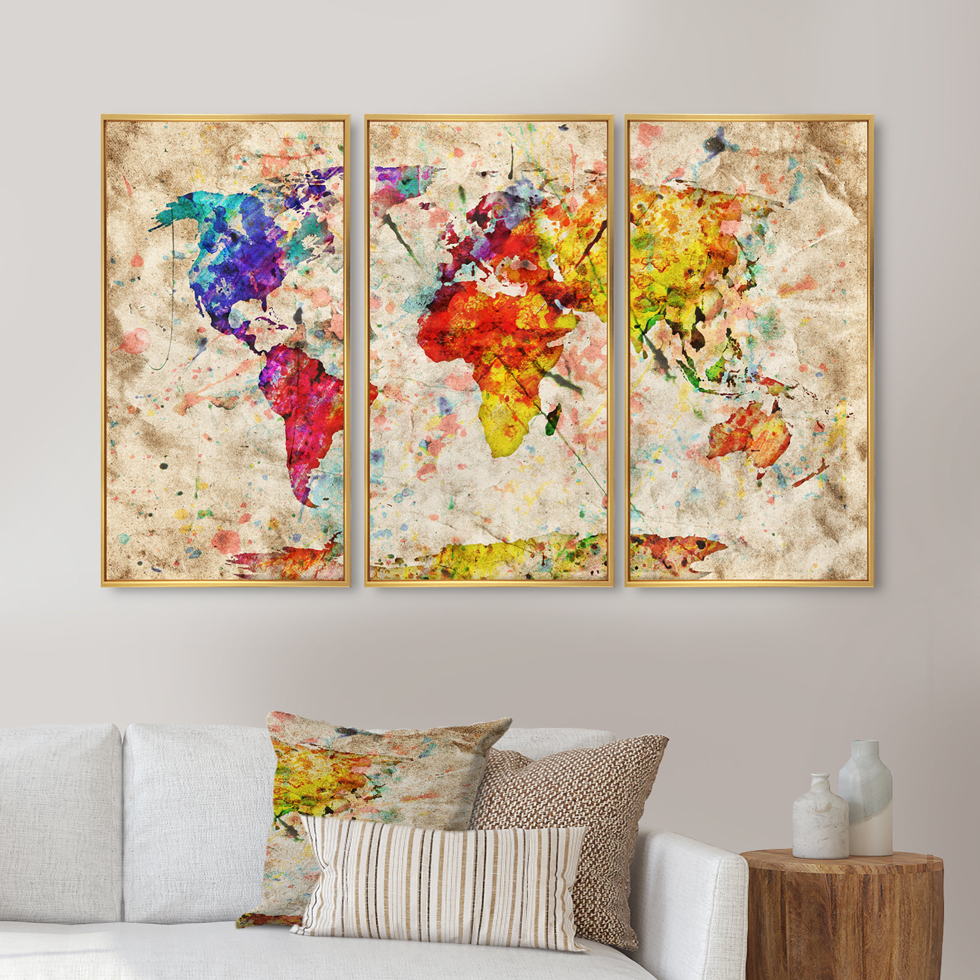 Bayou Breeze Vintage World Map Watercolor - Maps & Flags Framed Canvas ...