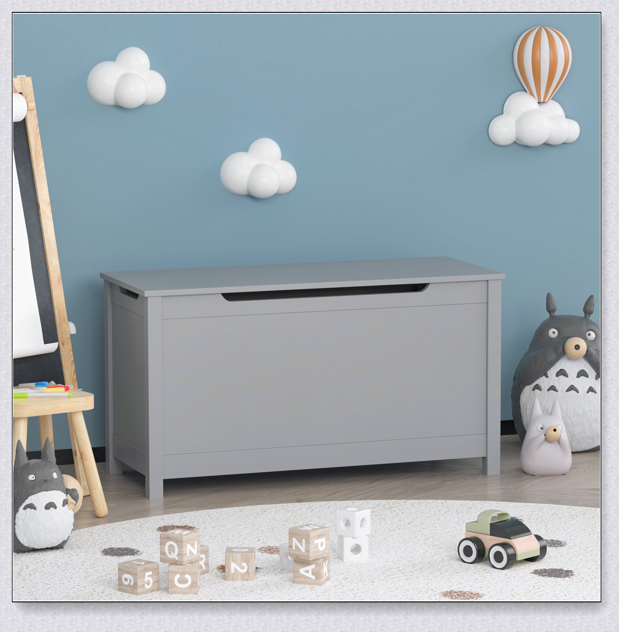 Ebern Designs Kids Wooden Toy Box/Bench with Safety Hinged Lid for Ages ...