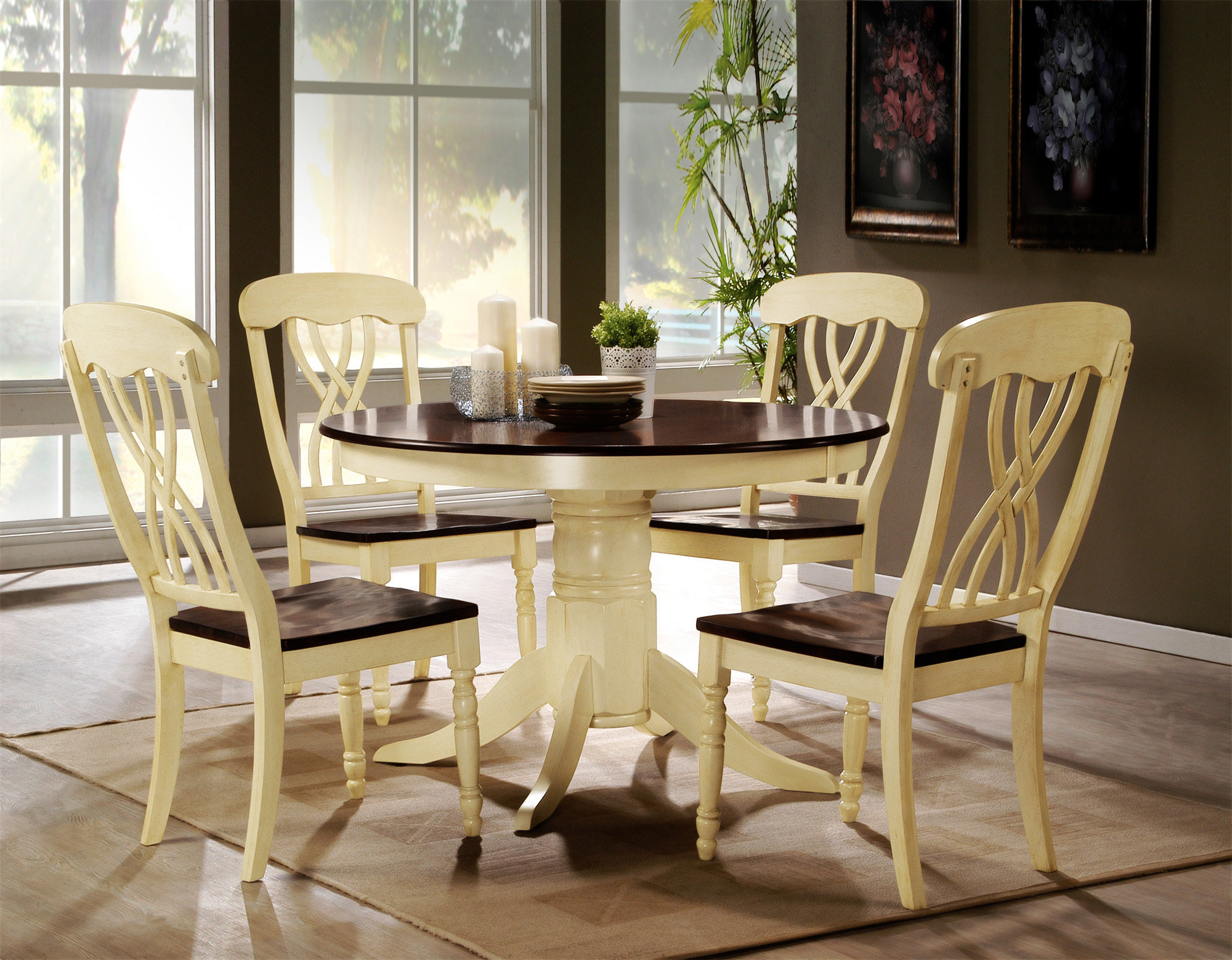 August Grove® Dylan Buttermilk & Oak Finish 5Pcs Dining Room Set,Round Table Top,dining room set ...