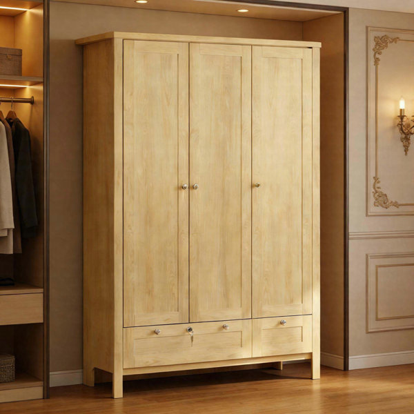 Rebrilliant 3-Door Wardrobe Closet With Hanging Rod, Lockable Drawer ...