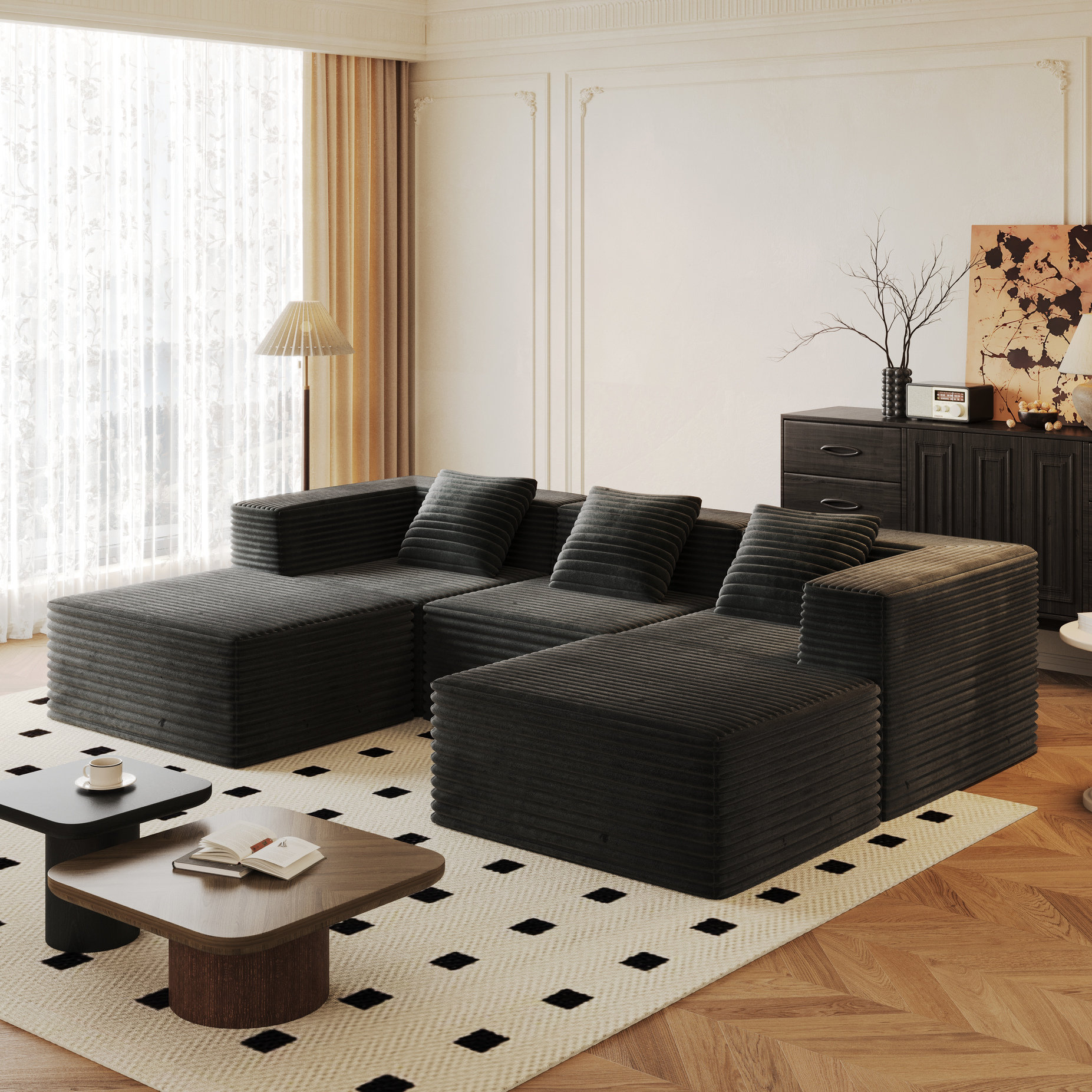 Mercer41 Grey Modular Sectional Couch With 3 Seats And 2 Ottomans, High ...