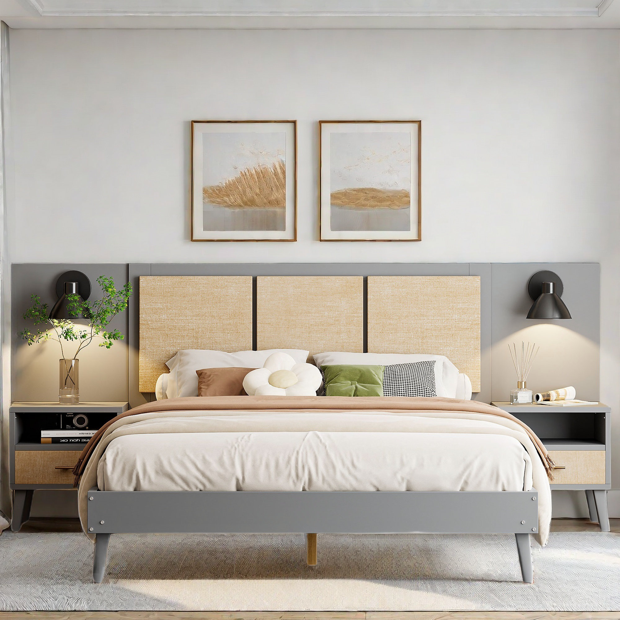 Bayou Breeze Colaluca Bed With 2 Nightstands And 2 Lamps, Rattan And ...