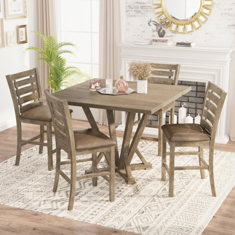 Gracie Oaks 5-Piece Rustic Farmhouse Solid Wood Square Counter Table ...