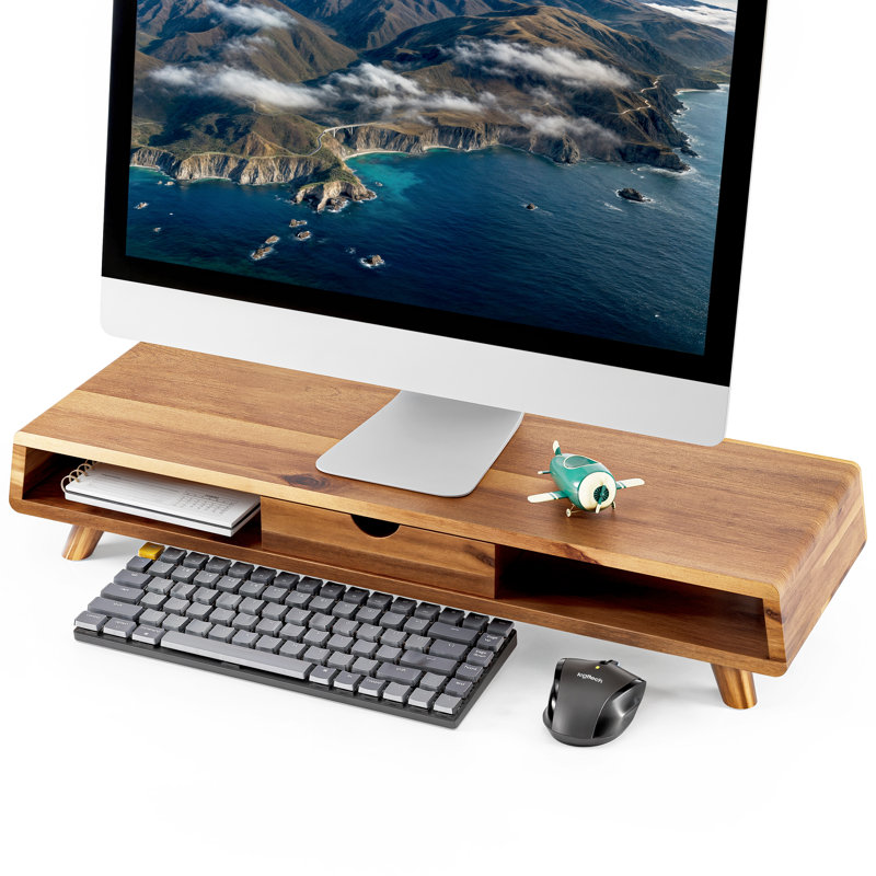 George Oliver Acacia Wood Monitor Stand With Drawer - Wooden Monitor ...