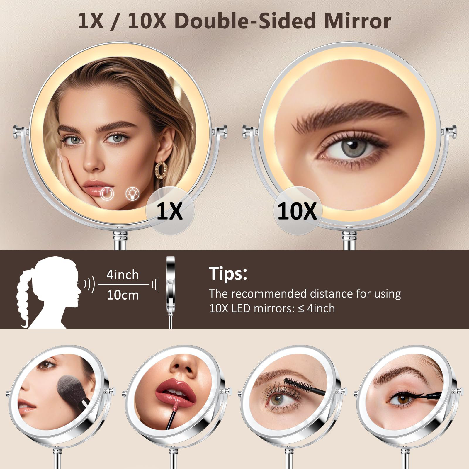 Rebrilliant Lighted Makeup Mirror, Brightness Adjustable, 4000 Mah ...