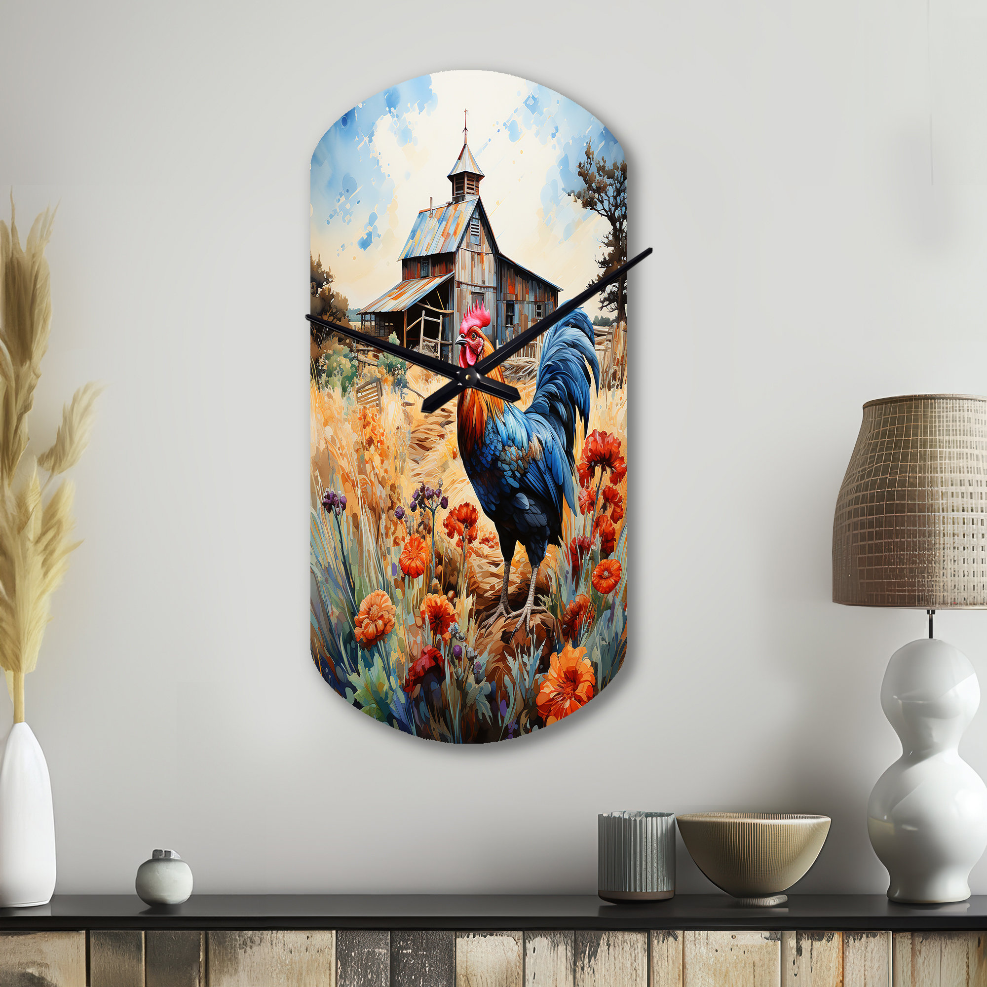 Design Art Roaster Barnyard Serenade IV - Barn Asymmetrical Metal Wall Clock, Traditional ...