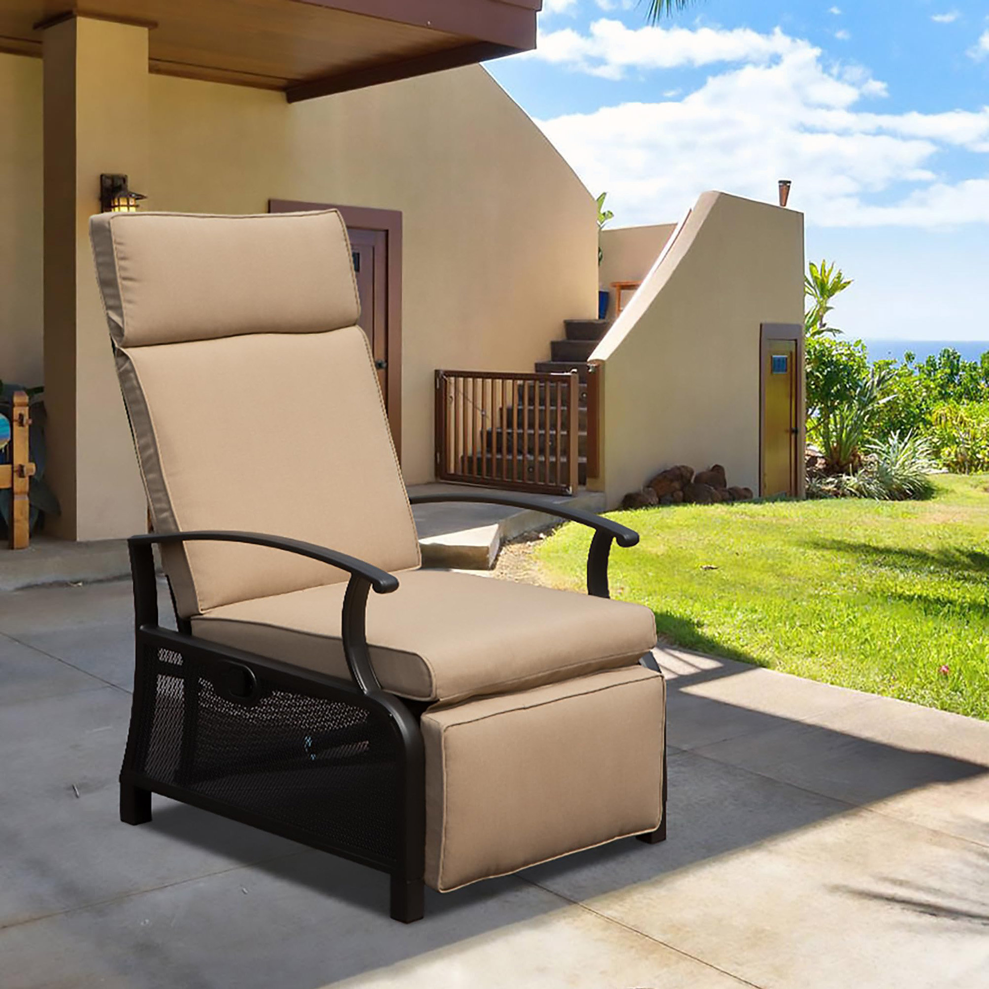 Lark Manor™ Recliner Chair Metal Outdoor Lounge Chair with Flip Table ...