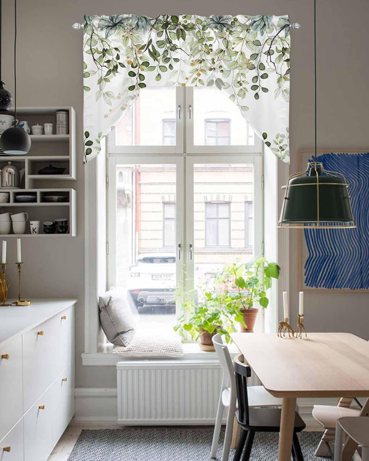 RAPTIZ Sage Green Eucalyptus Leaves Swag Valances For Kitchen Window, Spring Summer Botanical ...