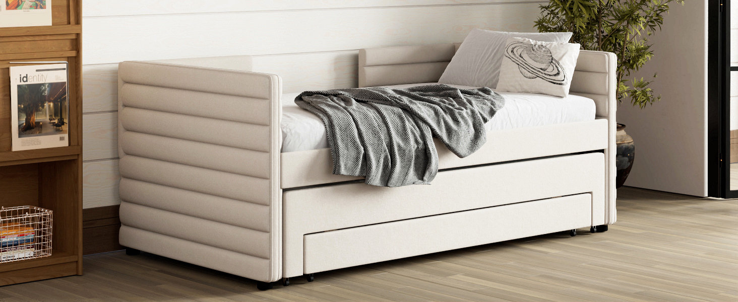 Latitude Run® Twin Size Upholstered Daybed With Trundle And 3 Storage ...