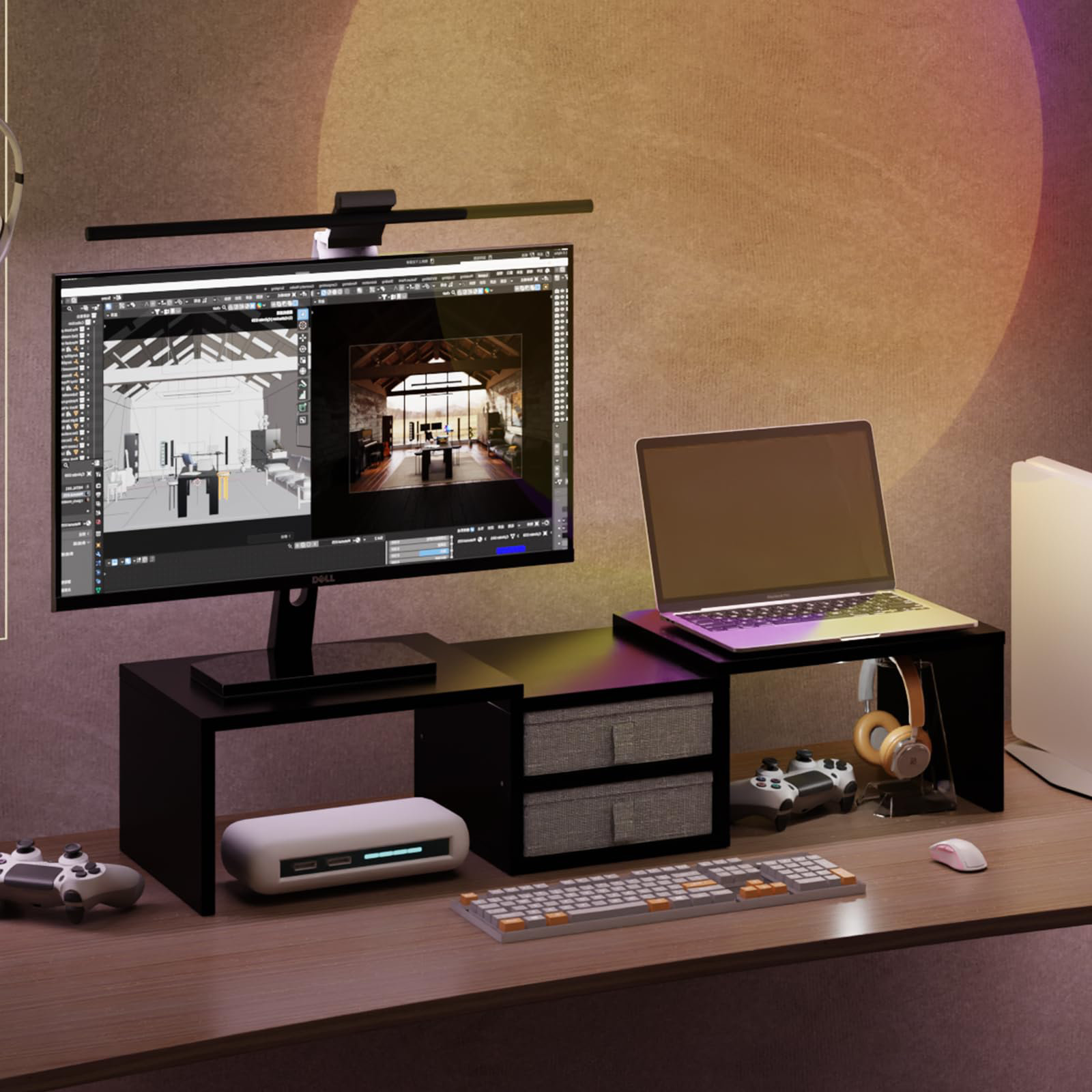 Hokku Designs Dual Monitor Stand Riser with 2 Drawers-Length and Angle ...