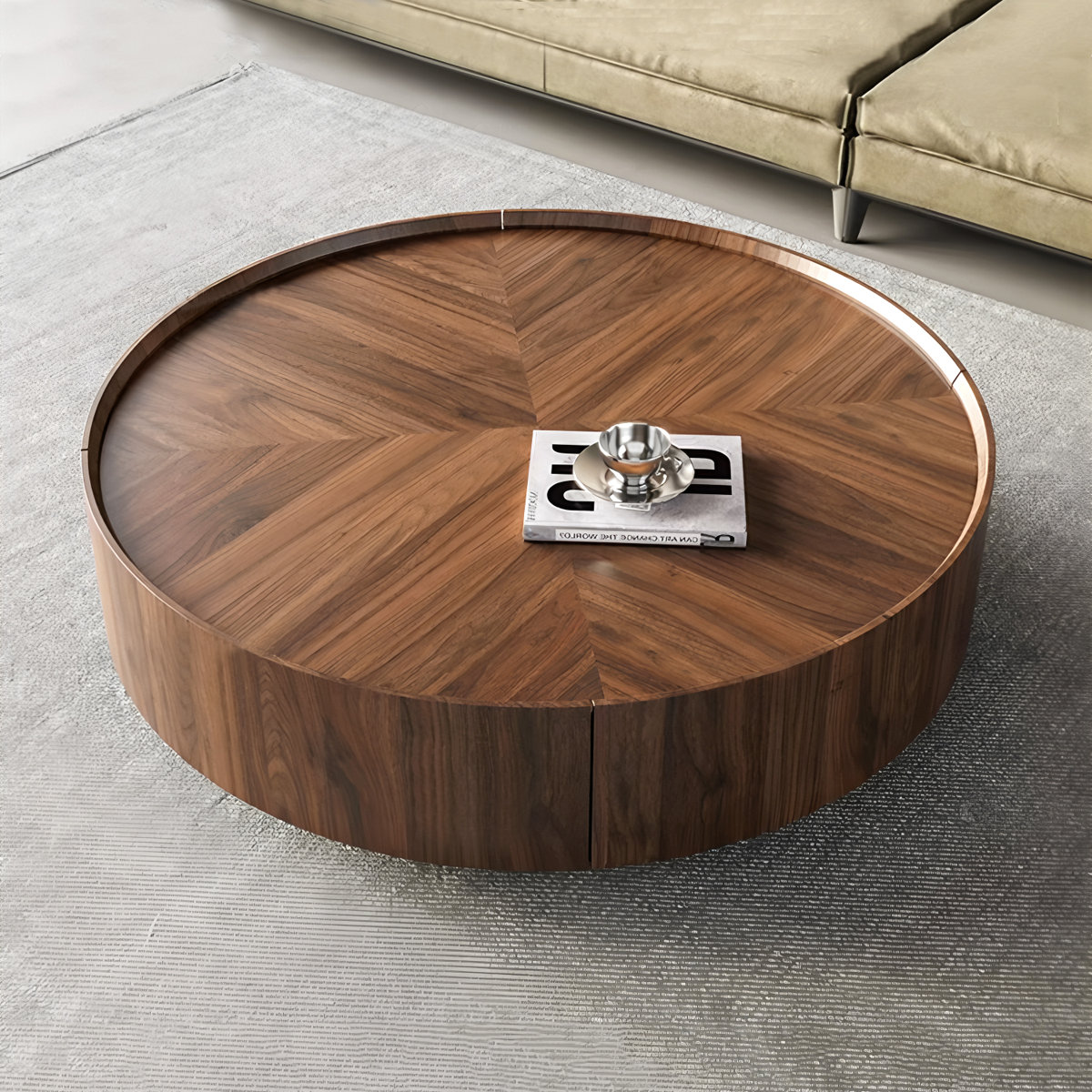 Loon Peak® Walnut Round Coffee Table with Hidden Storage Drawers,No ...