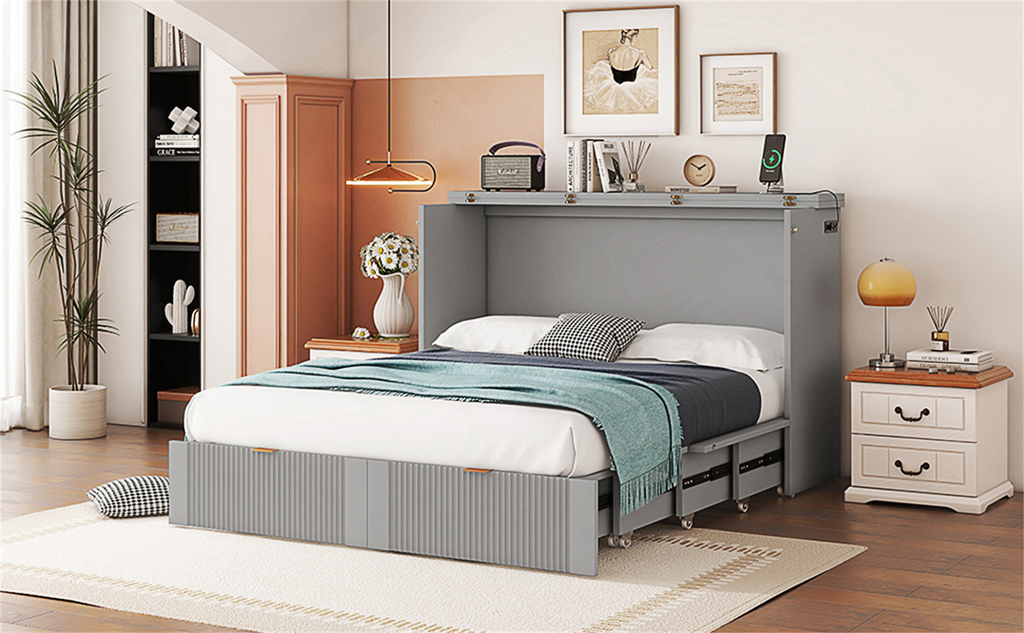 Corrigan Studio® Full Size Murphy Bed With Drawer And A Set Of Sockets ...