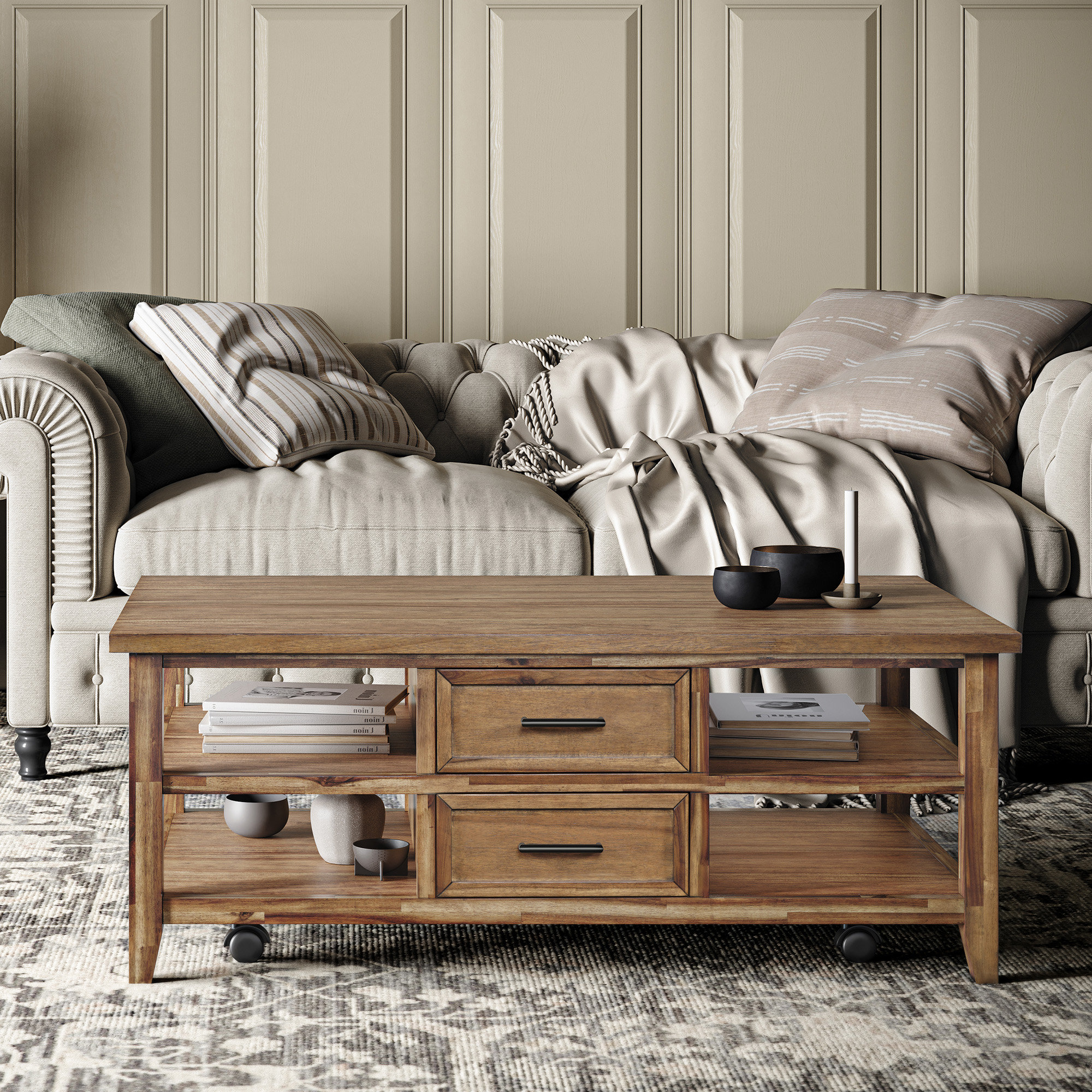 Lark Manor Carnrike 48" Transitional Rustic Wood Coffee Table with ...
