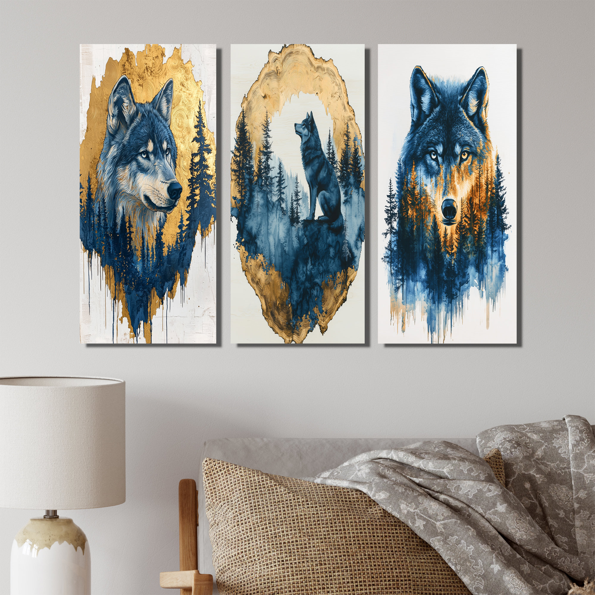 Millwood Pines Golden Wolf In Blue Forest Landscape I - Wolf Animal ...
