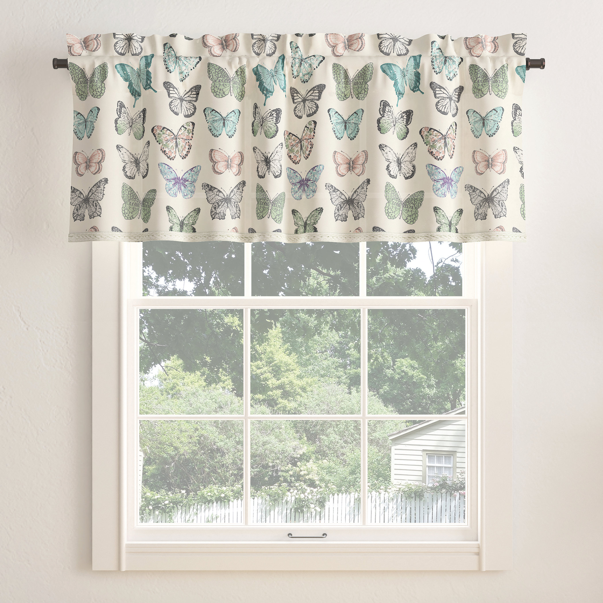 August Grove® Rasa Butterfly Print Embroidered Trim Window Valance ...