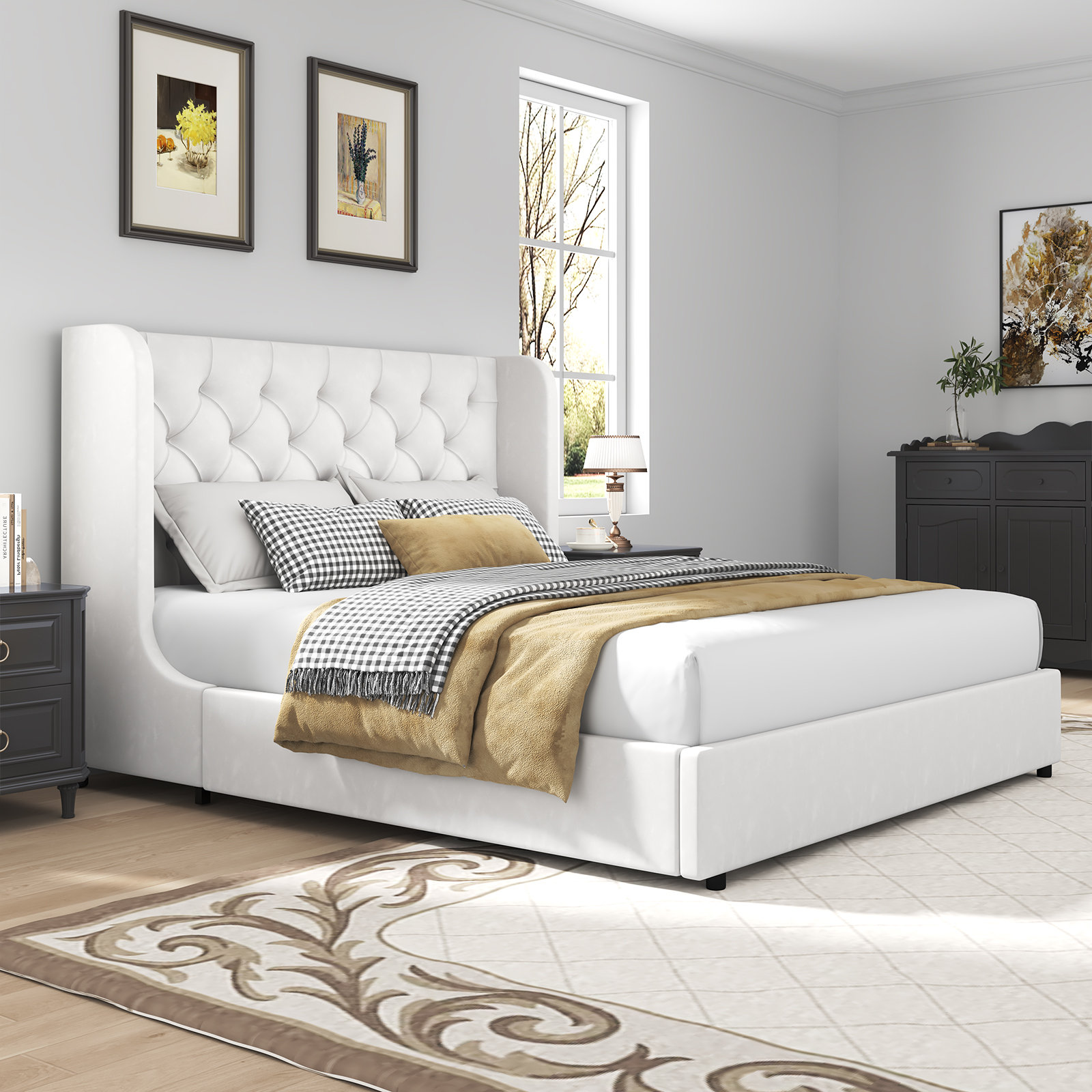 House of Hampton® Kewania Bed，Upholstered Platform Bed with Curved ...