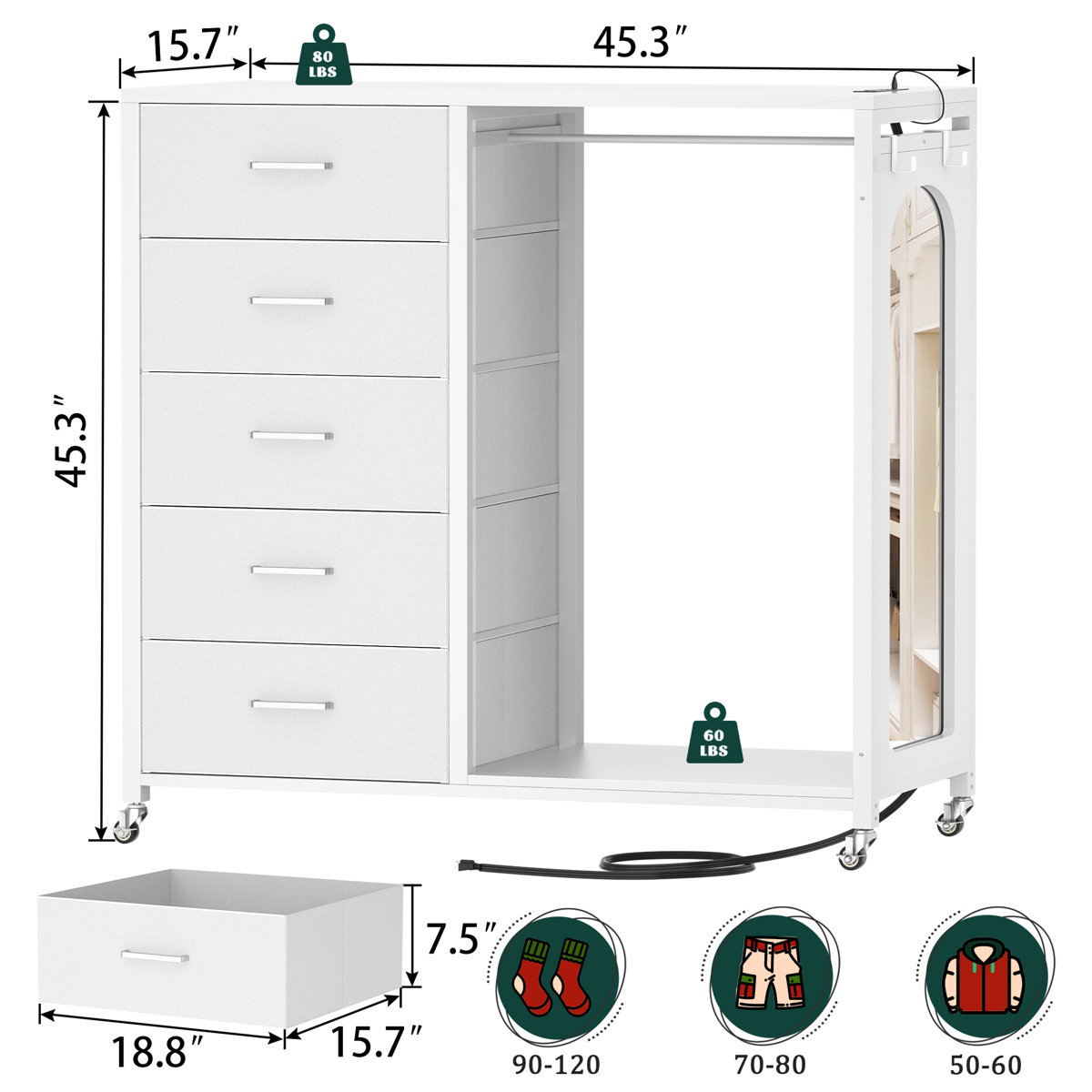 Ebern Designs Gourley 5 Drawer LED Dresser with Mirror and Charging ...